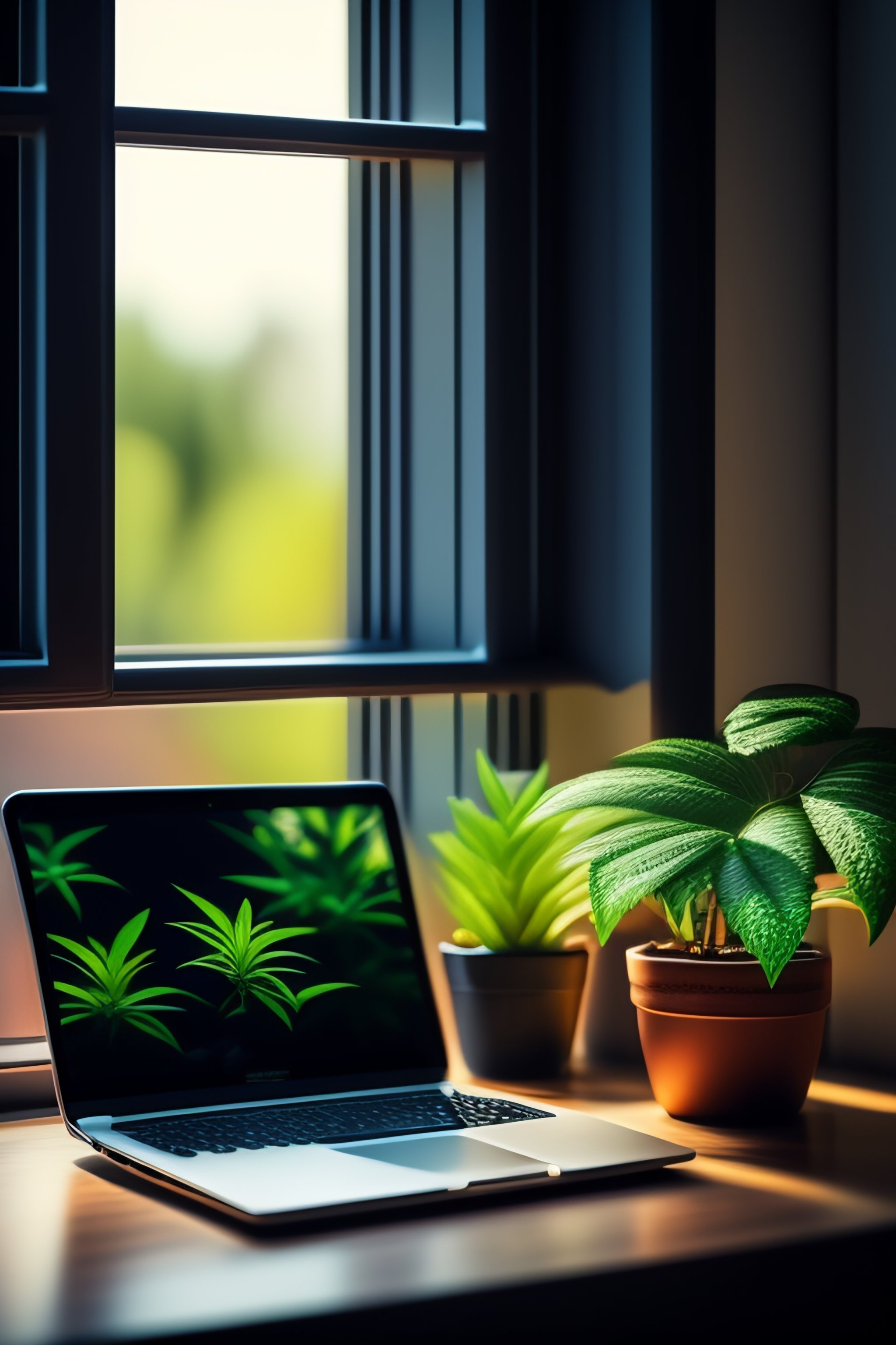 Lexica - Detailed photo of a laptop sitting on a desk next to a window ...