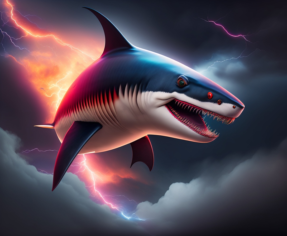 Lexica - A shark-headed dragon with sharp fangs and eyes, flying above ...