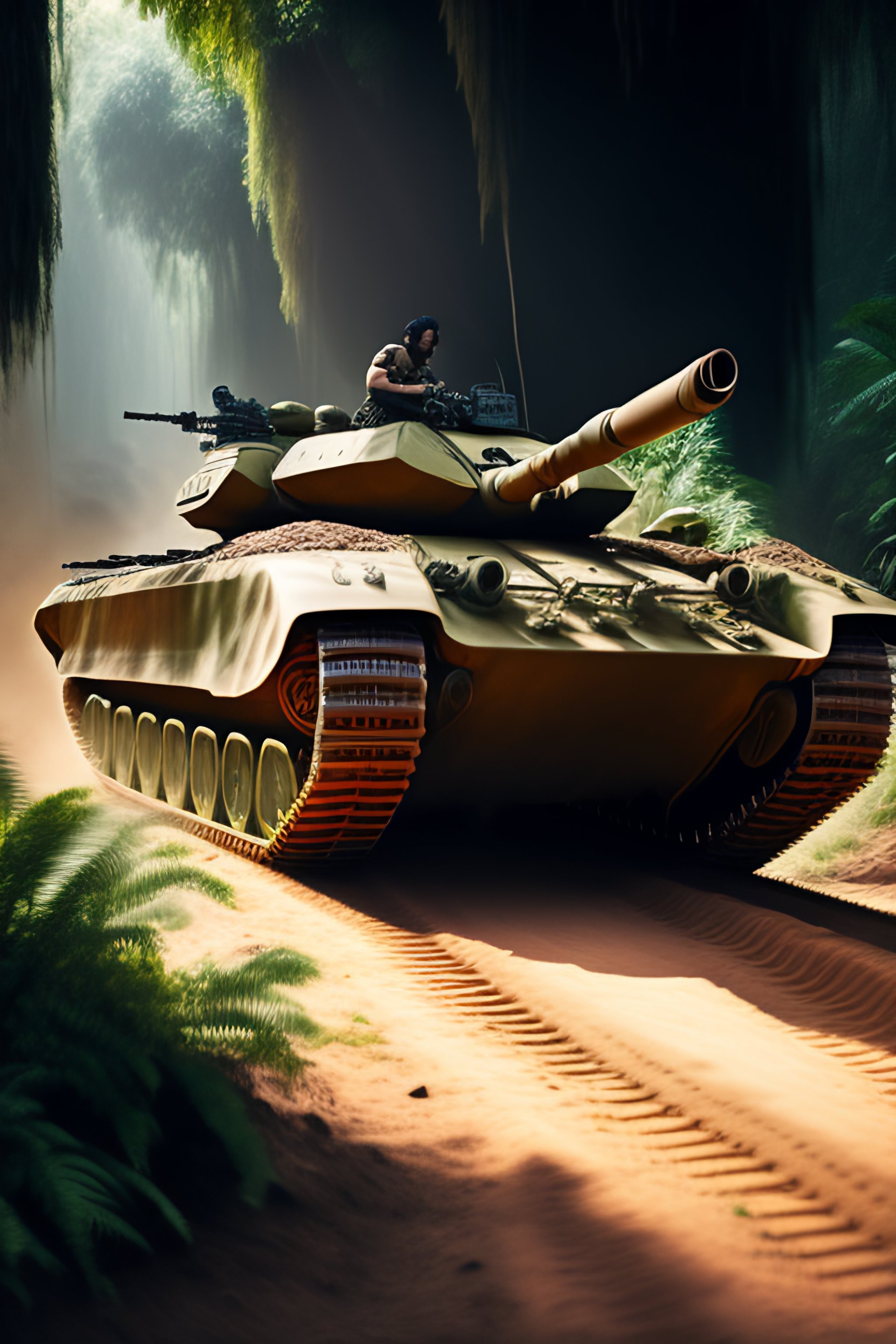 Lexica - Action shot of john rambo on a tank in a jungle, cinematic ...