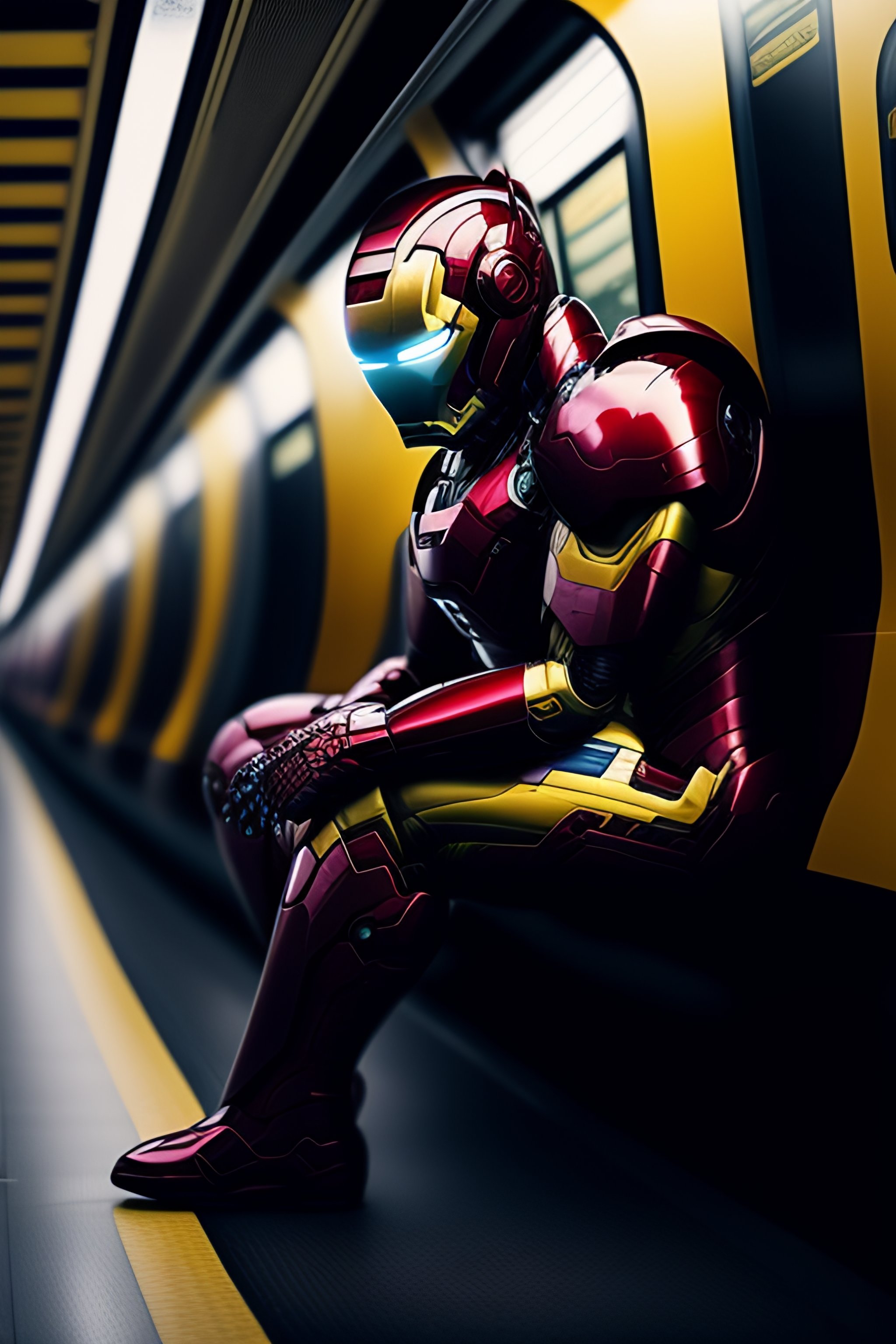 Lexica - Iron Man sitting in the London Underground, wide angle shot