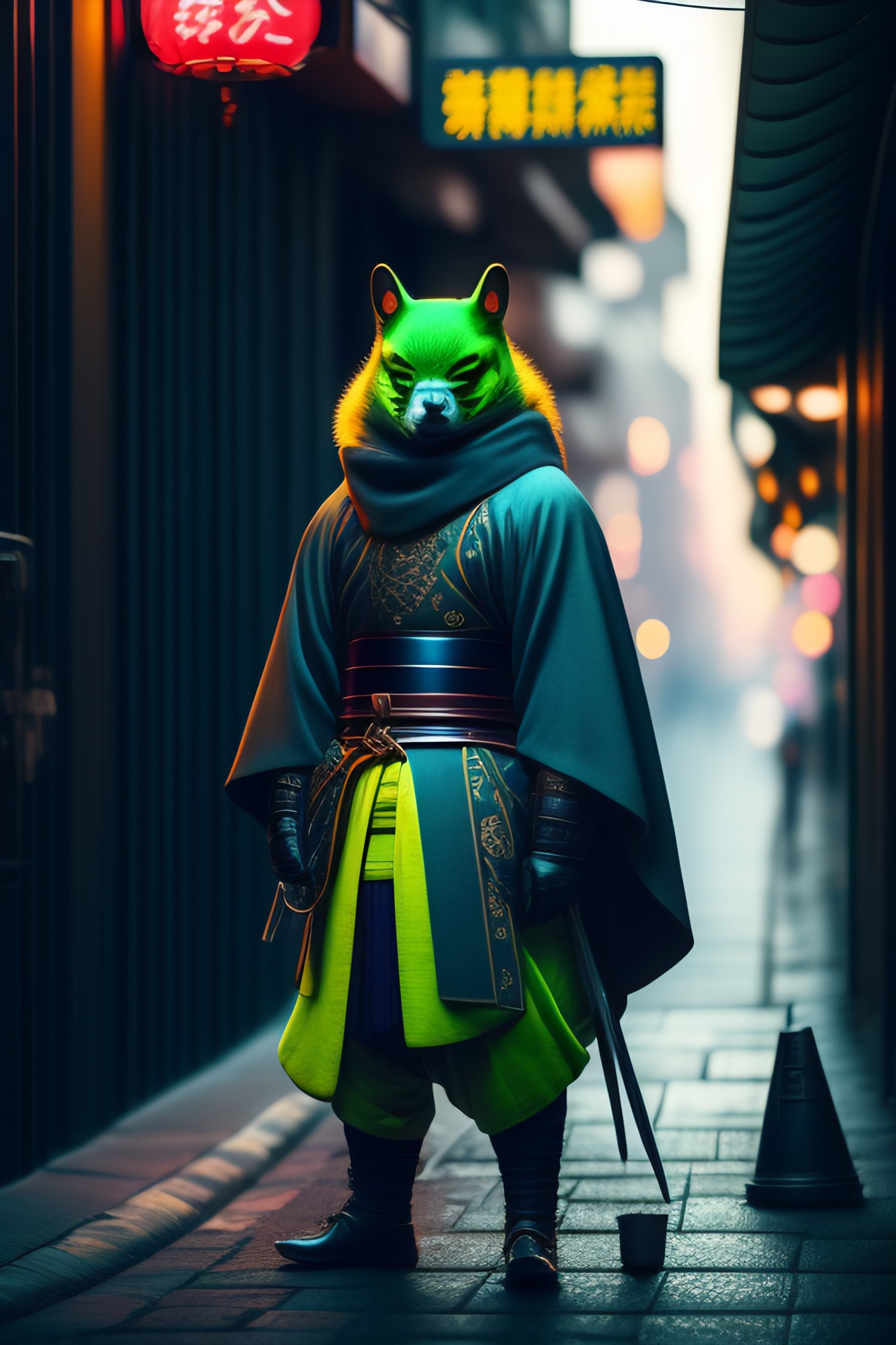 Lexica - Samurai pepe in a cyberpunk alley