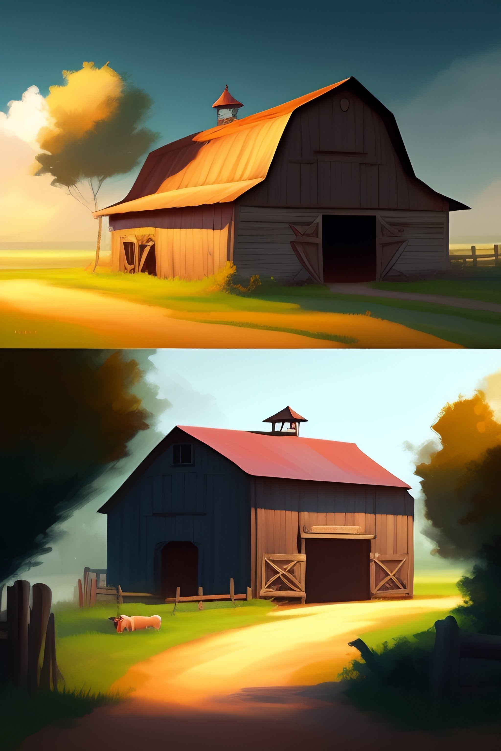 Lexica - Concept art of a disney-style animation set of a farm barn ...