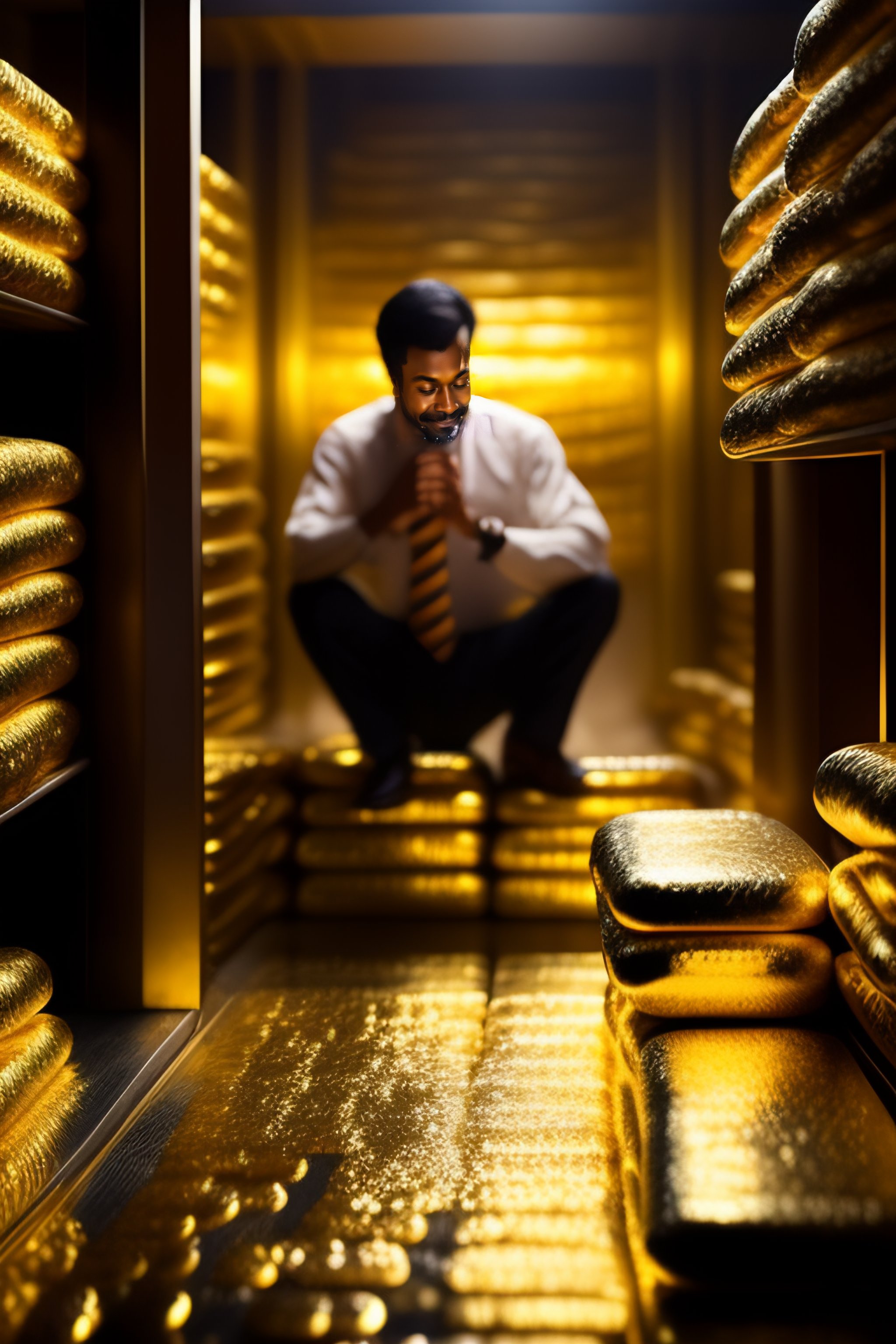 Lexica - A basement full of gold bars. A man is sitting on the gold ...