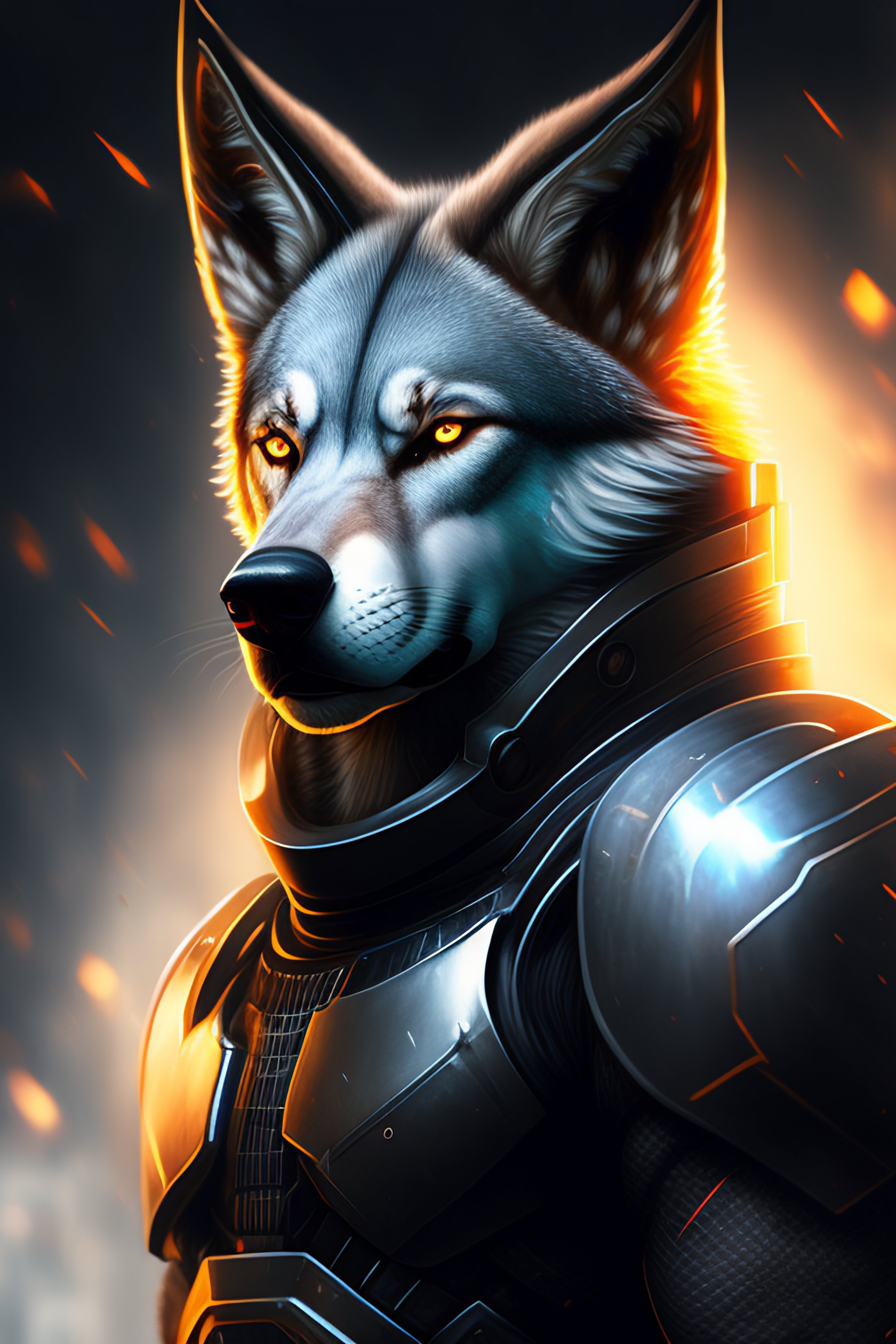 Lexica - Portrait painting of a cybernetic grey werewolf with power armor