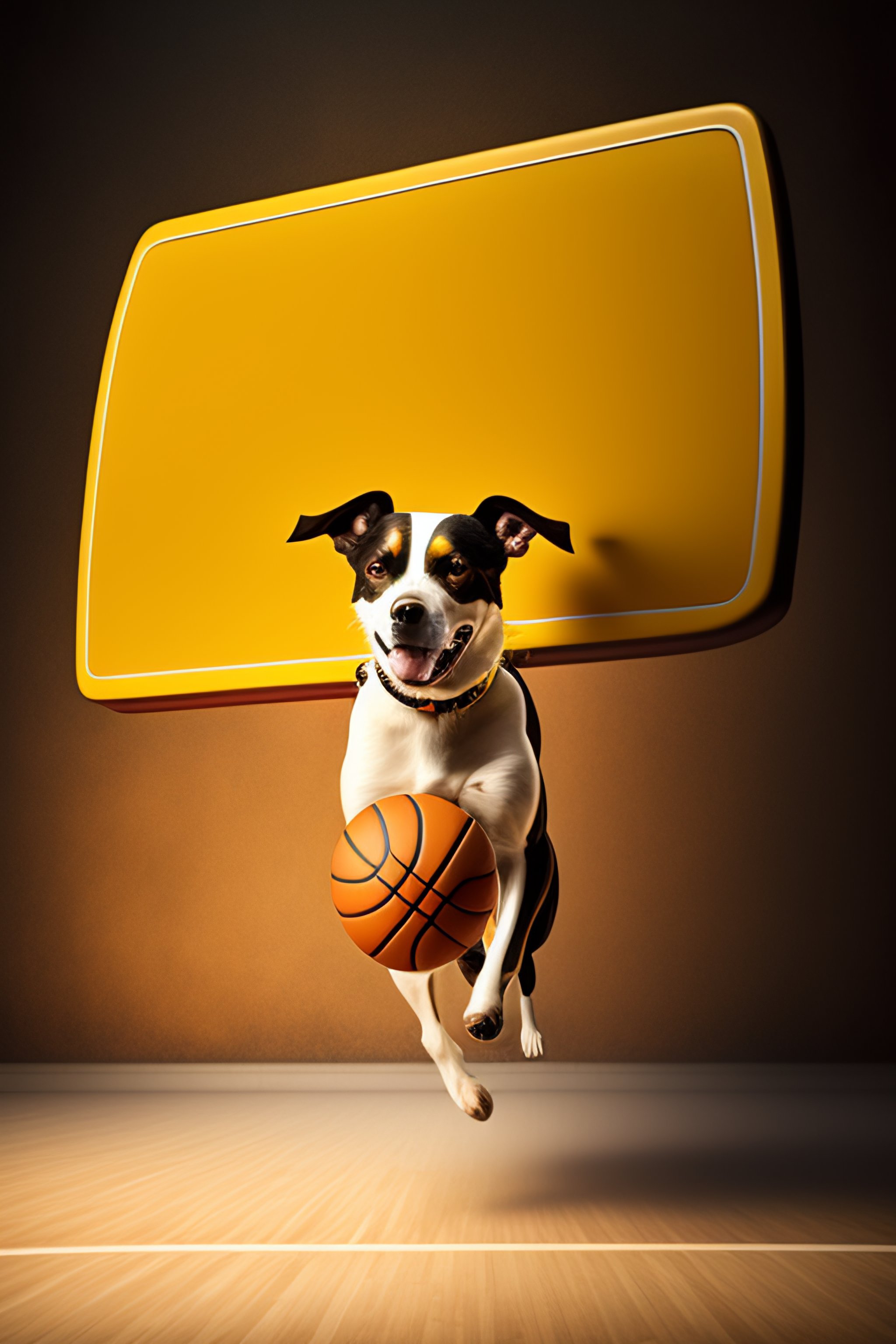 Lexica - Basketball dog basketball basket jump yellow background