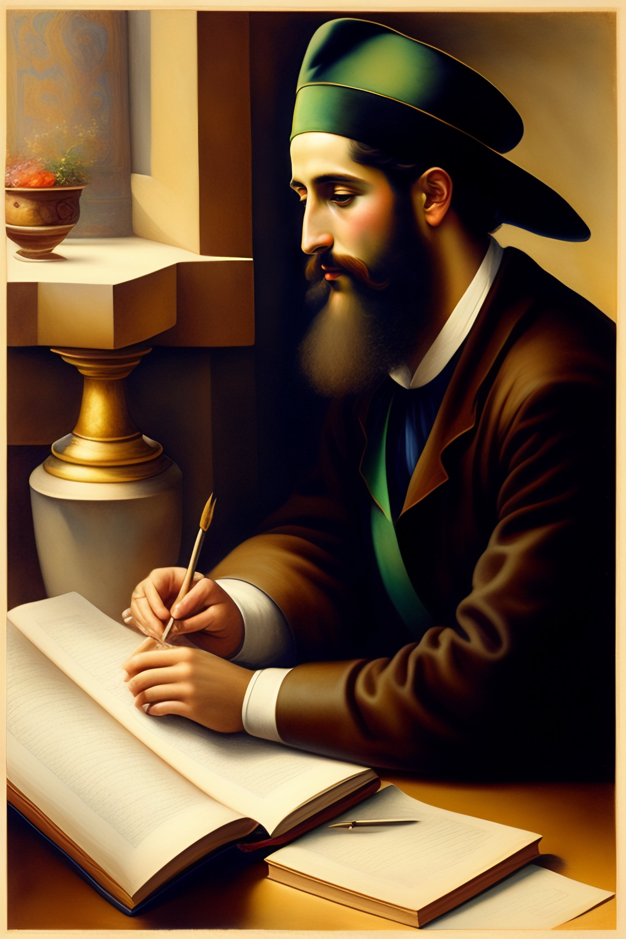 Lexica - Rabbin avec son châle de prière étudiant la torah, aquarelle