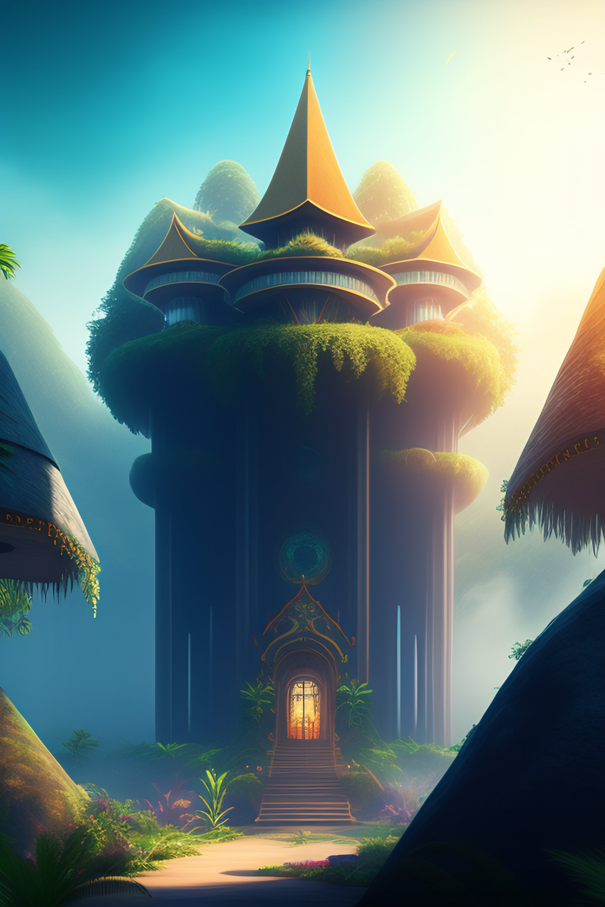 Lexica - Mystical ethereal tropical village building and fog