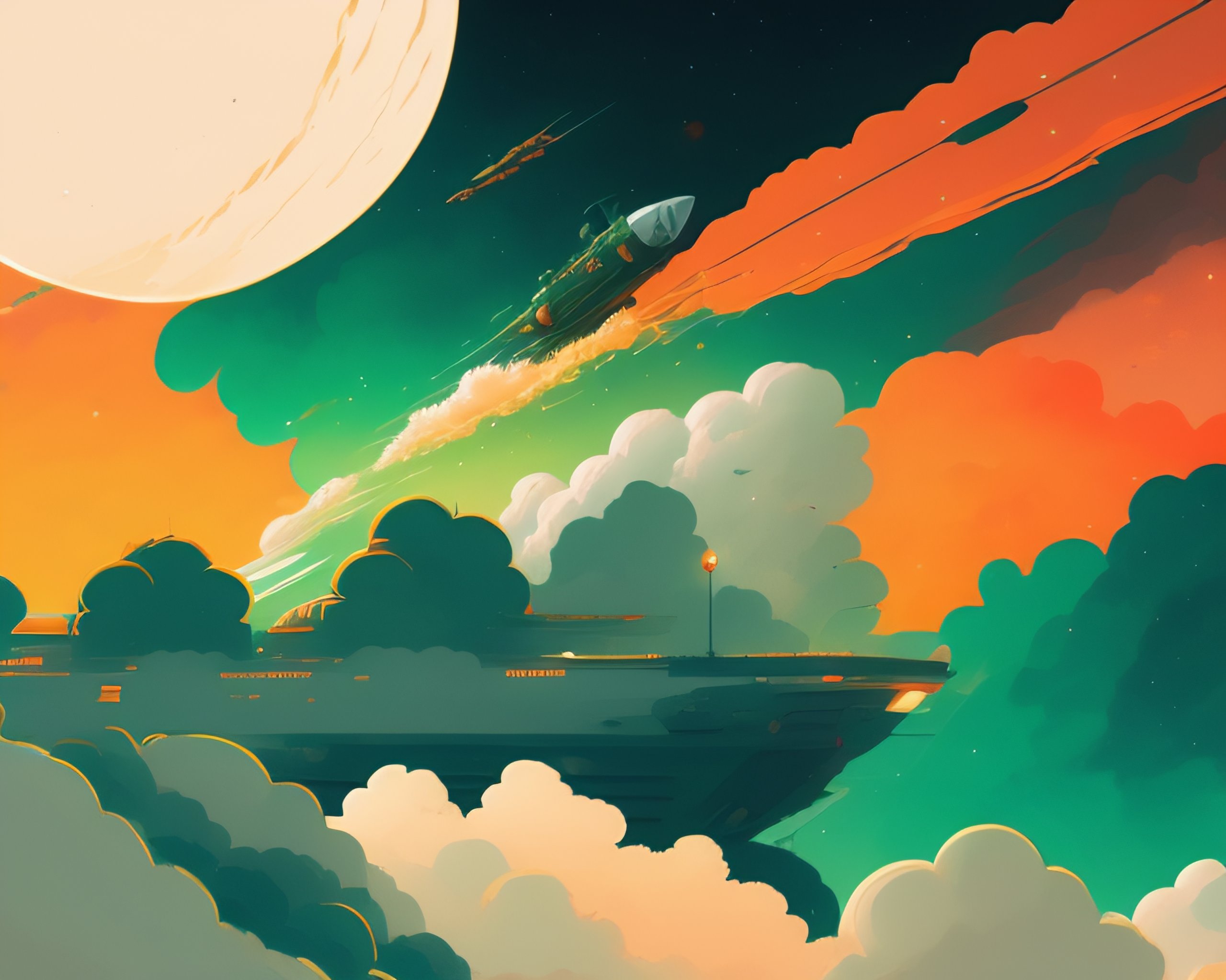 Lexica - Rocket flying through the clouds into space, moon, style of ...