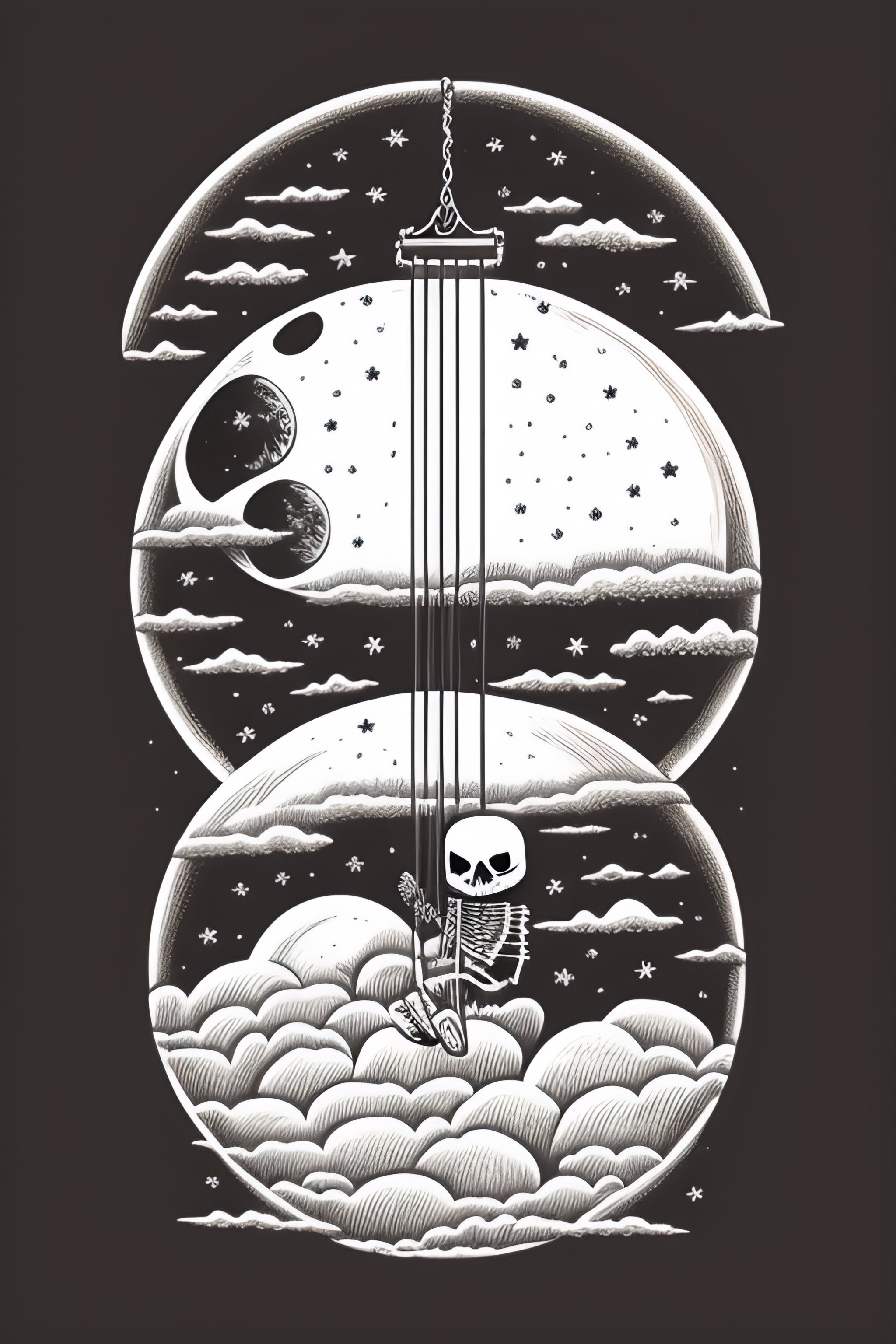 Lexica - A skeleton is swinging on a moon in the sky, hand drawn pencil ...