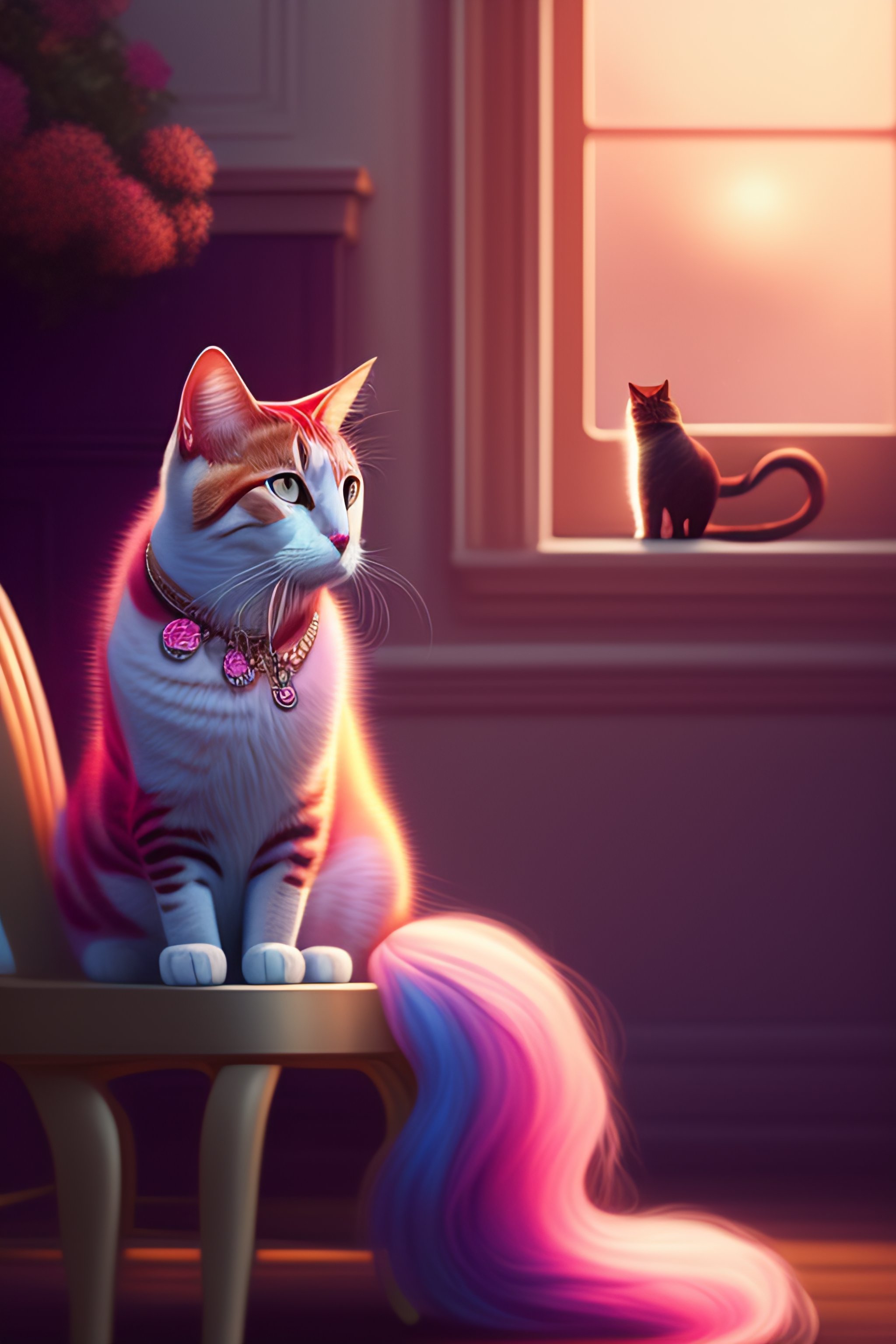 Lexica - A girl with pink hair is sitting in a chair and a cat is ...