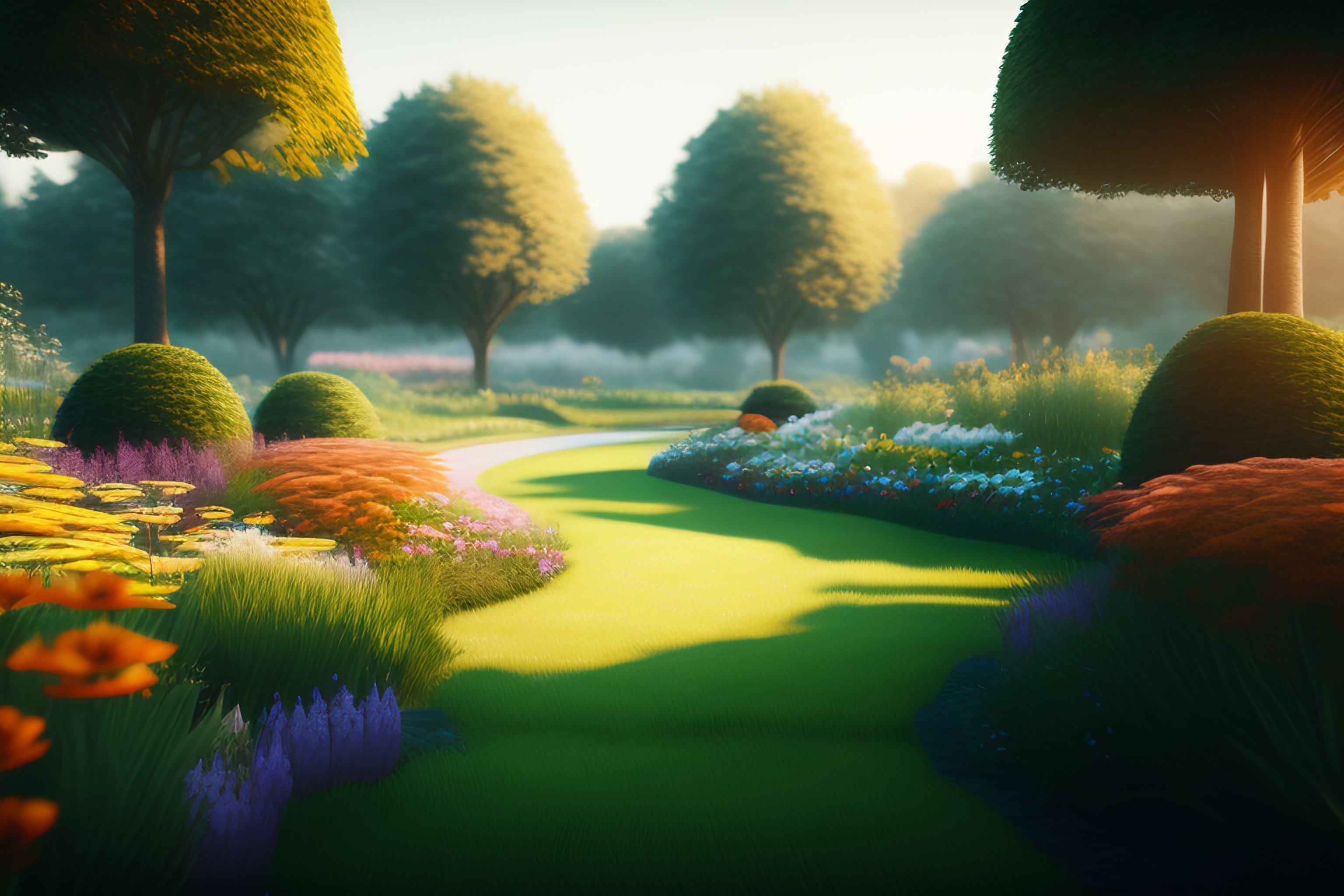 Lexica - Professional photograph landscape garden with flowers, unreal ...