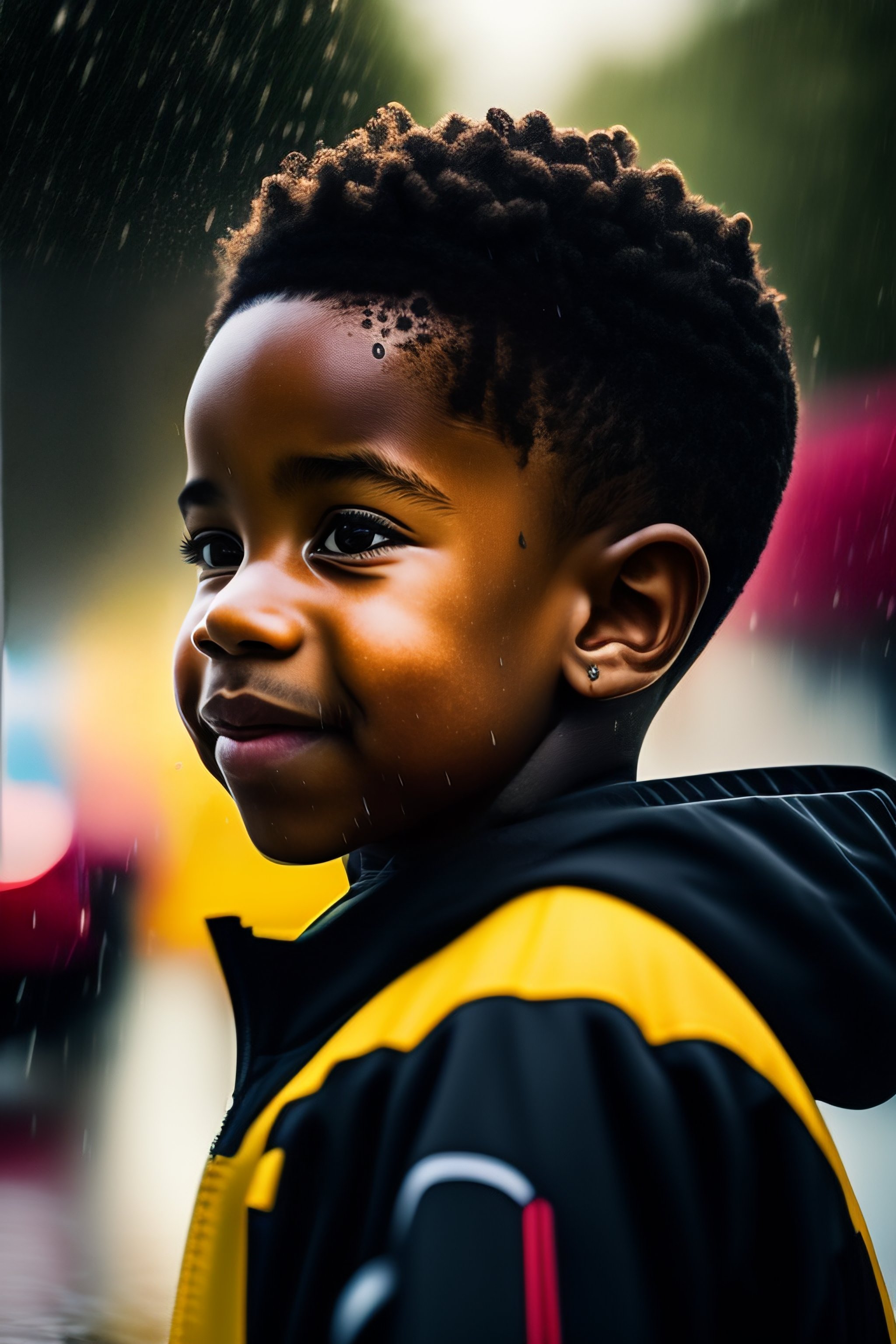 Lexica - A portrait of a black boy playing in the rain