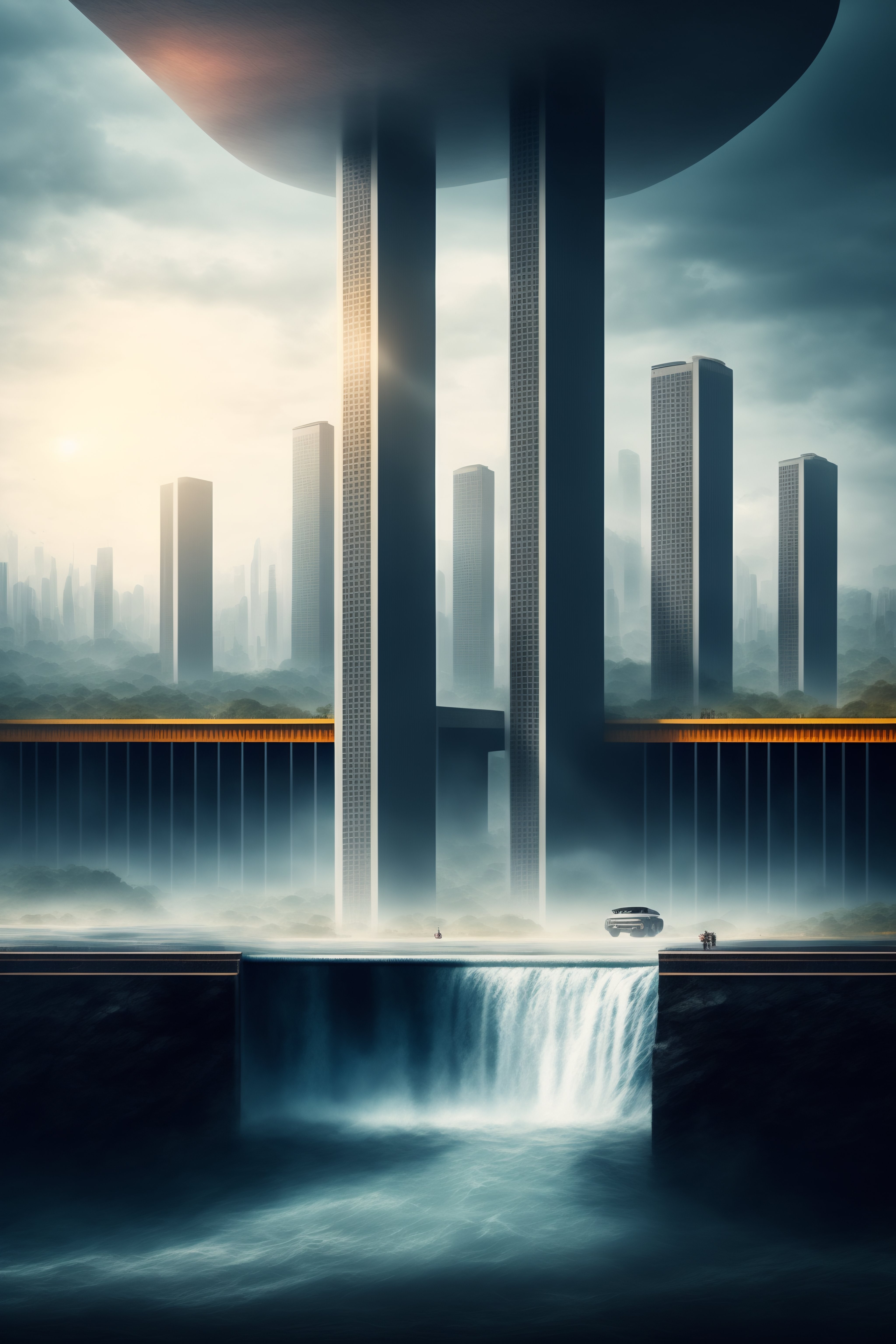 Lexica - Dam cracked by small robots, flooding, office skyscrapers ...