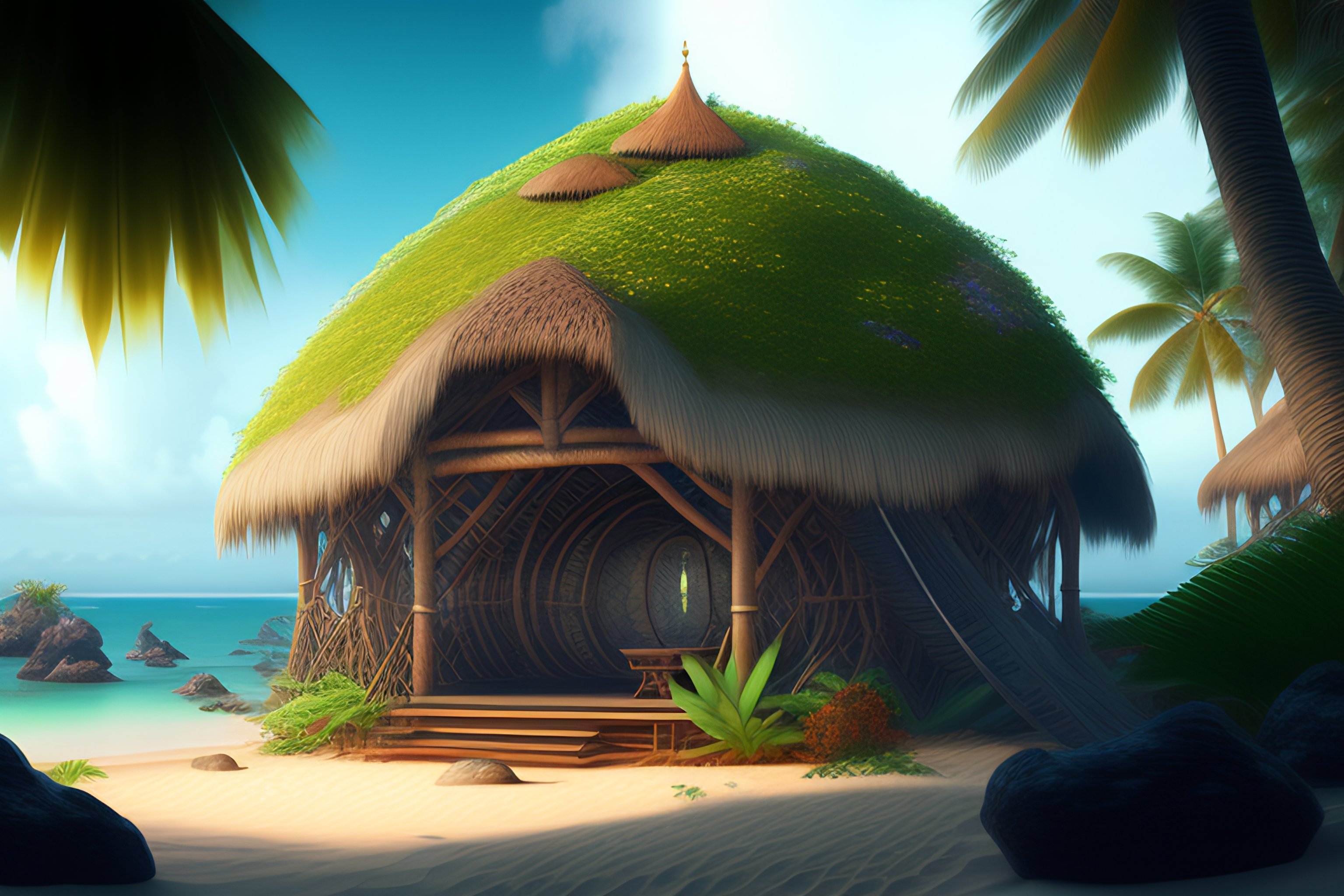 Lexica - Giant elven hut bamboo on tropical island beach yucca giant ...