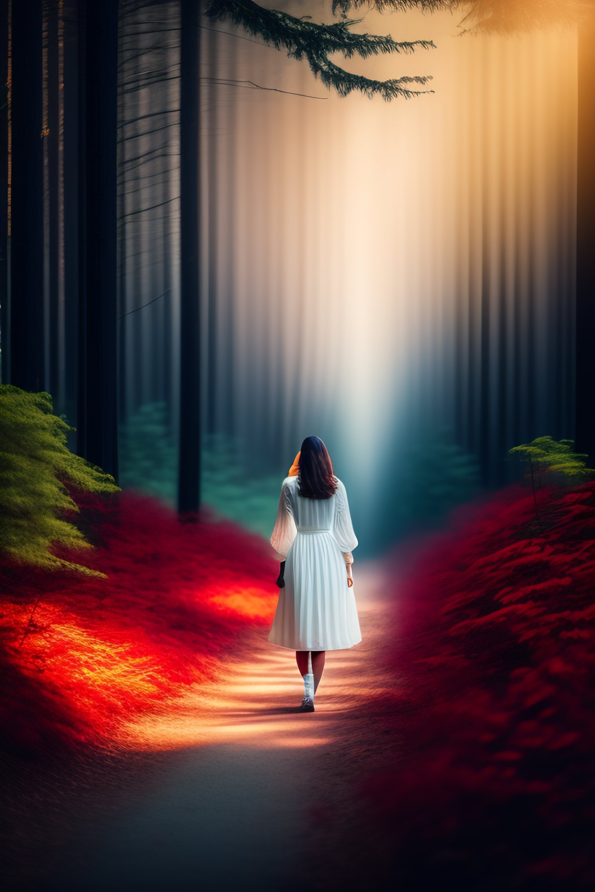 Lexica - Sad girl, walk people side,forest from a distance, trees, old ...