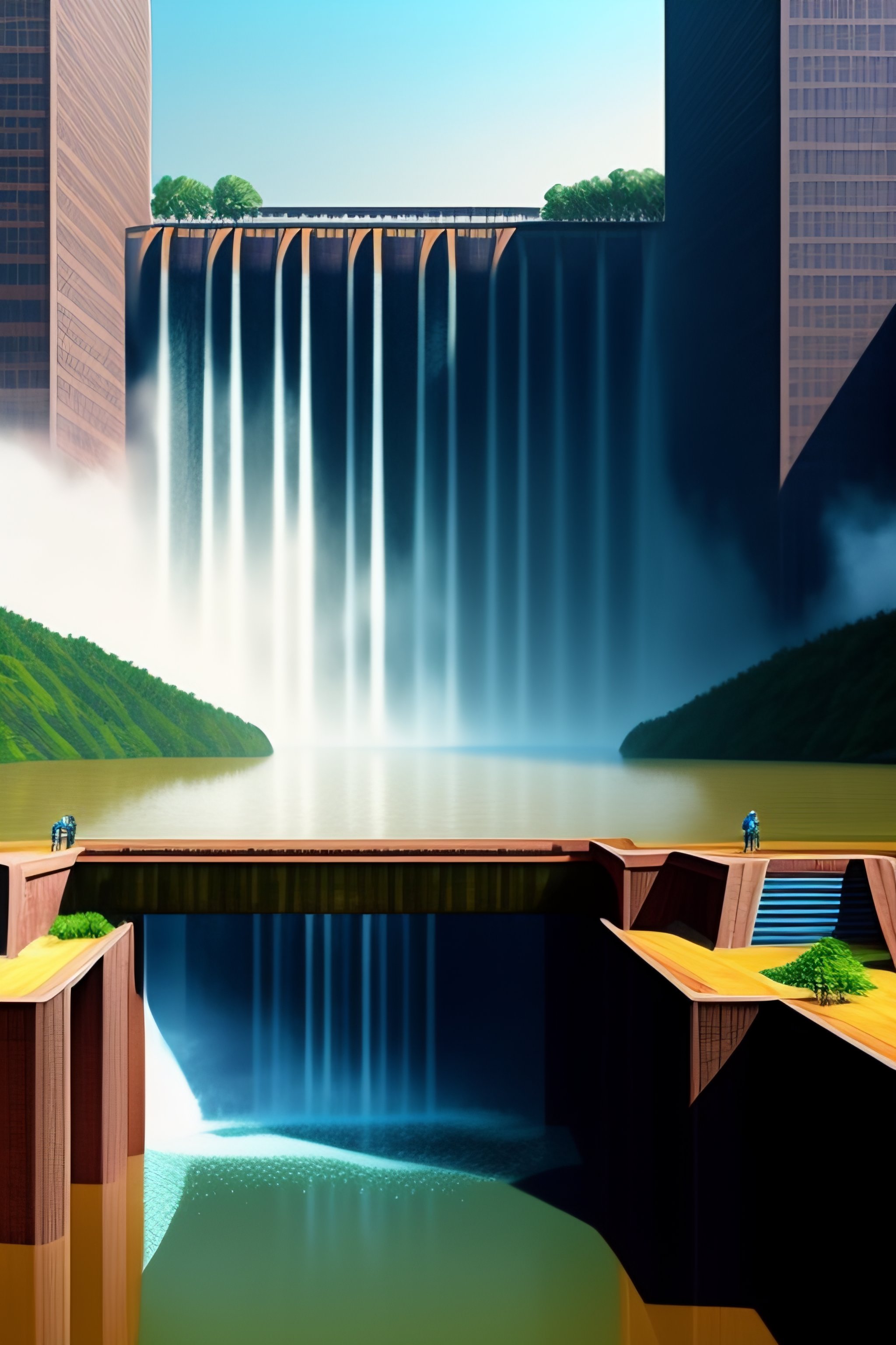 Lexica - Dam cracked by small robots, flooding, office skyscrapers ...