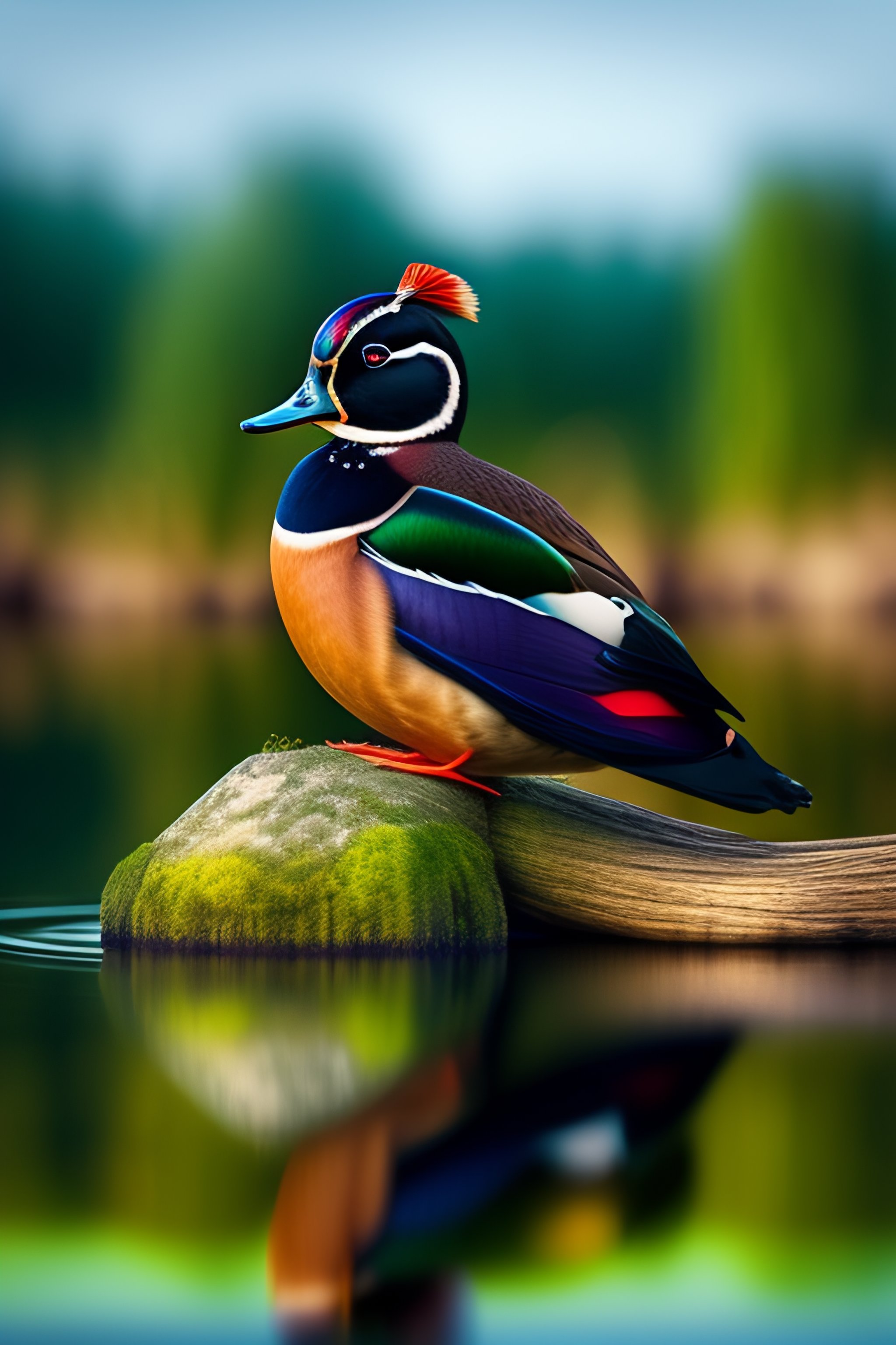 Lexica - Beautiful wood duck sitting on branch in pond