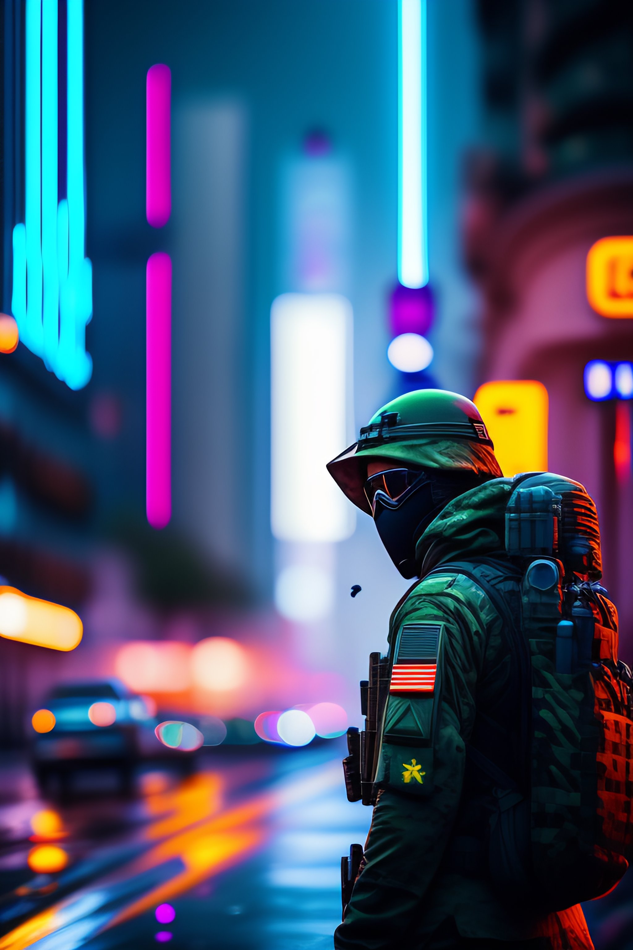 Lexica - Hacker soldier, full body, tactical armor, rifle, Neon, Movie ...