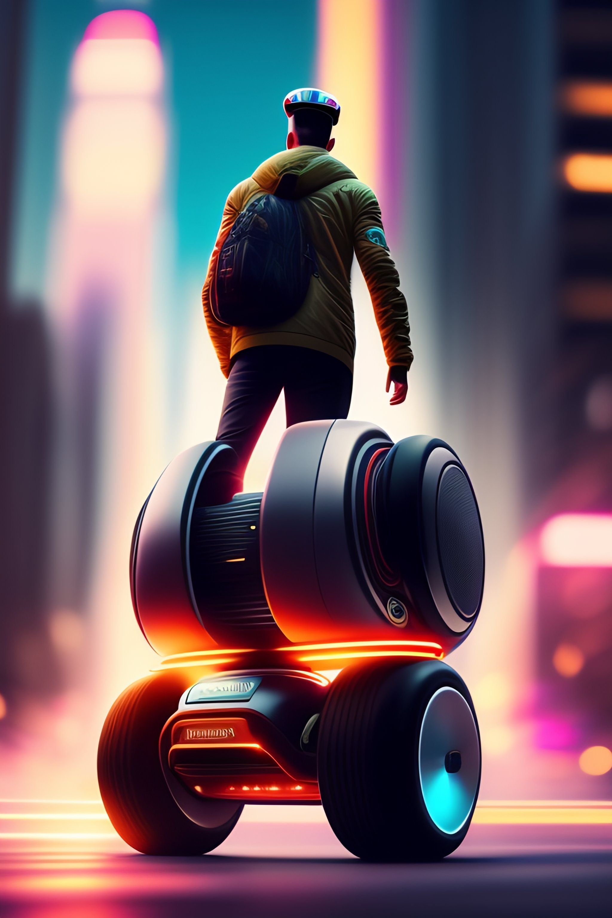 Lexica - A human on a hover board in a futuristic city from far zooming ...