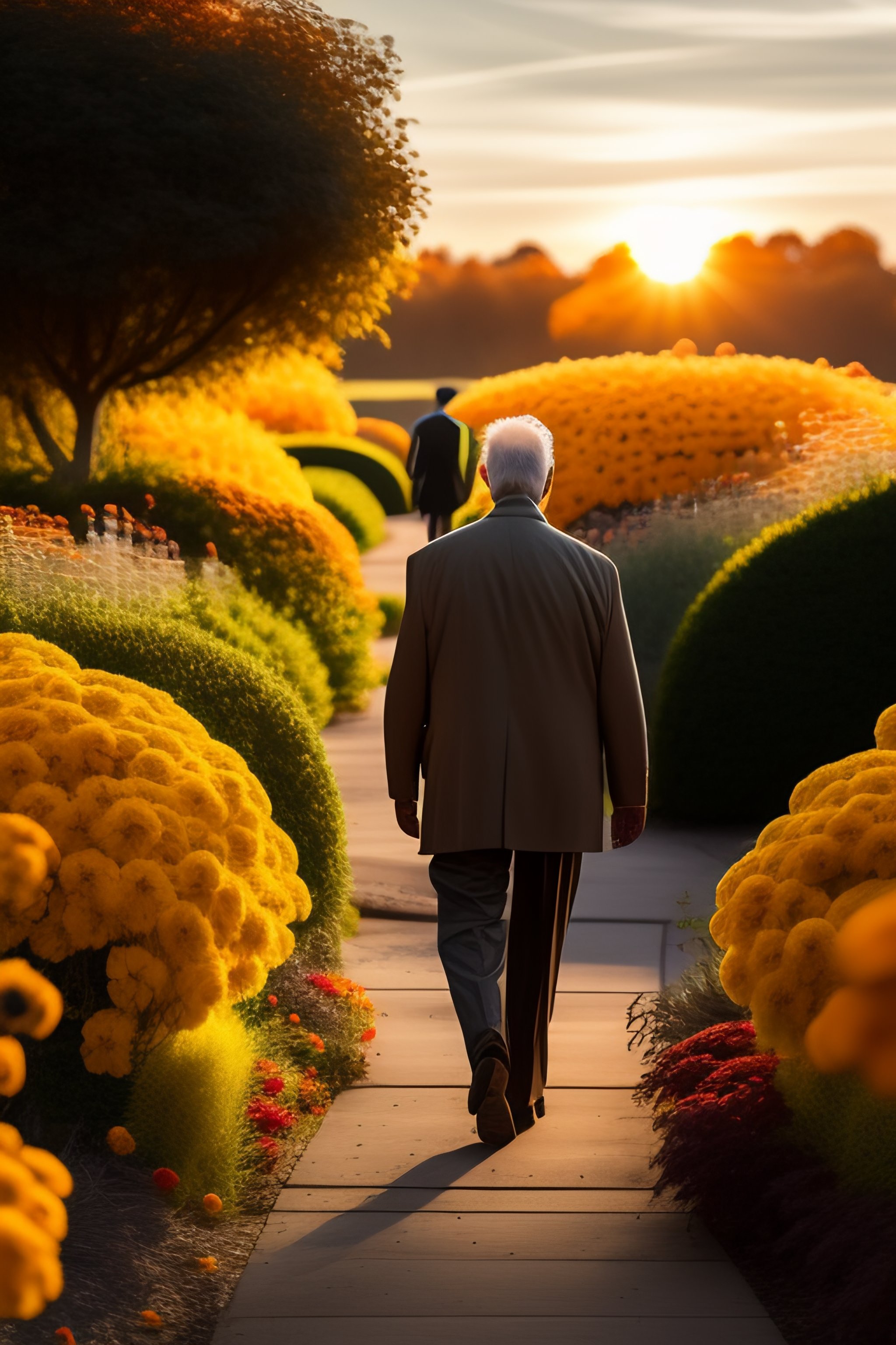Lexica - Old man walking towards a sunset surrounded by Tagetes erecta ...