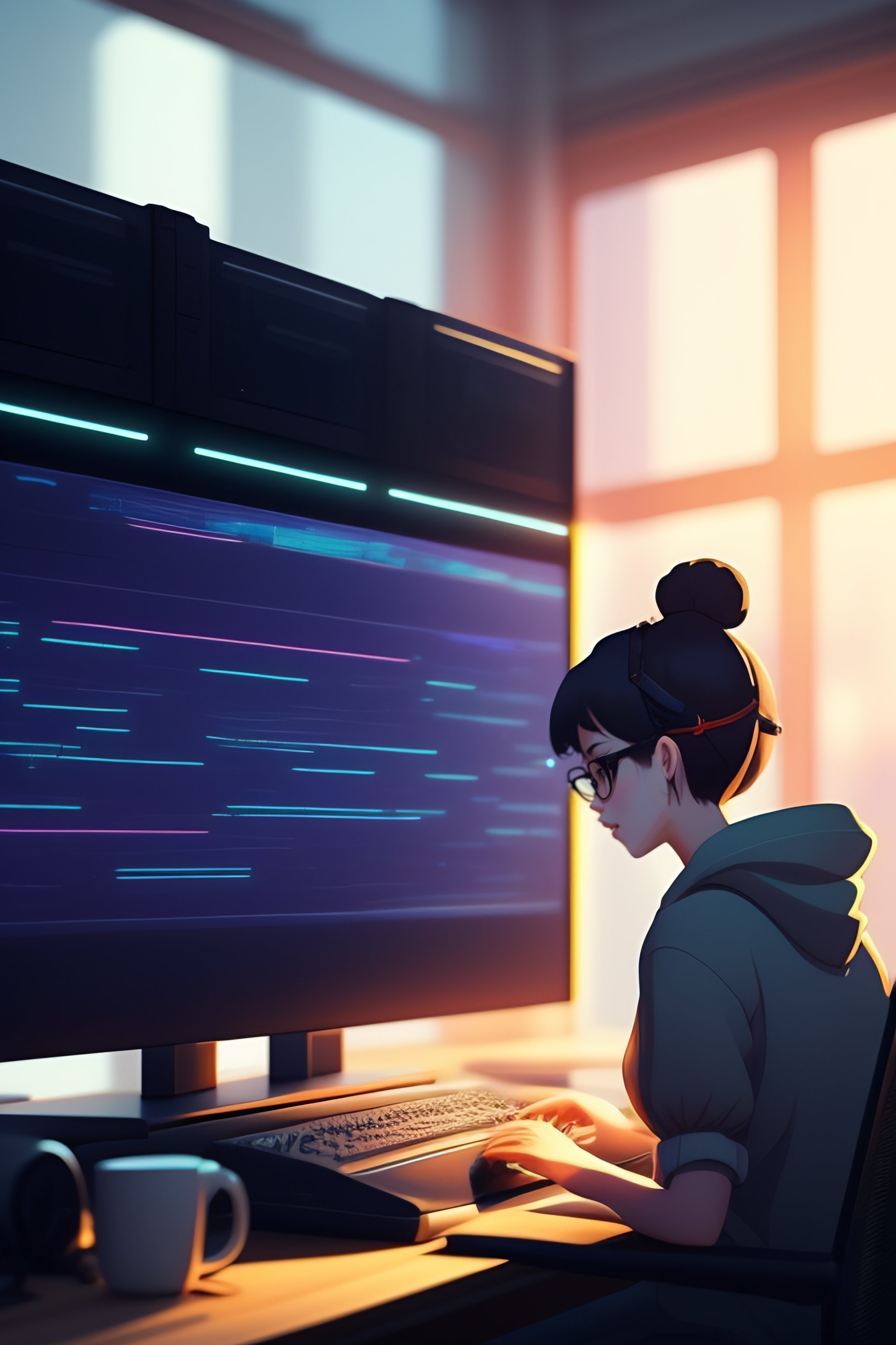 Lexica - A nerdy girl is programming at a computer in a room full of ...