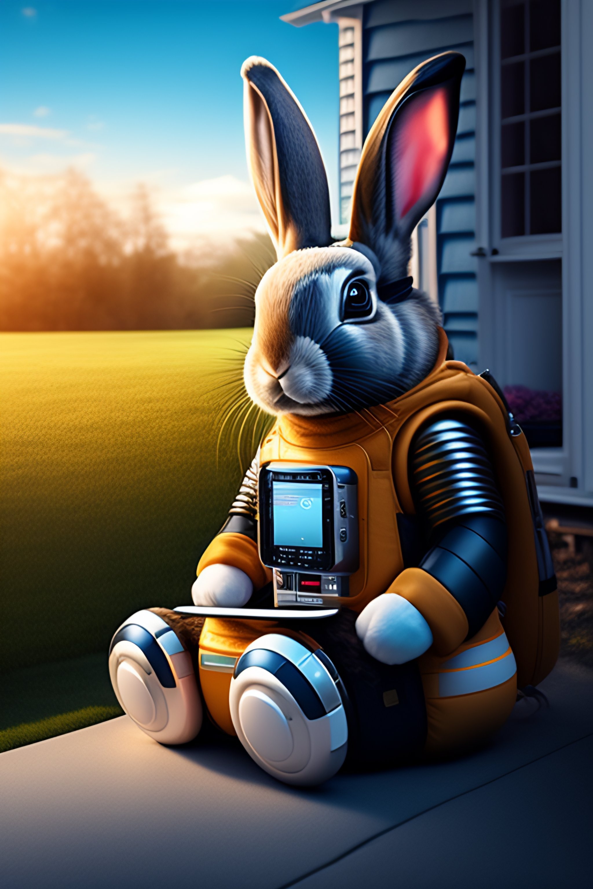 Lexica - Bunny robot working on a tablet and sitting in the front of ...