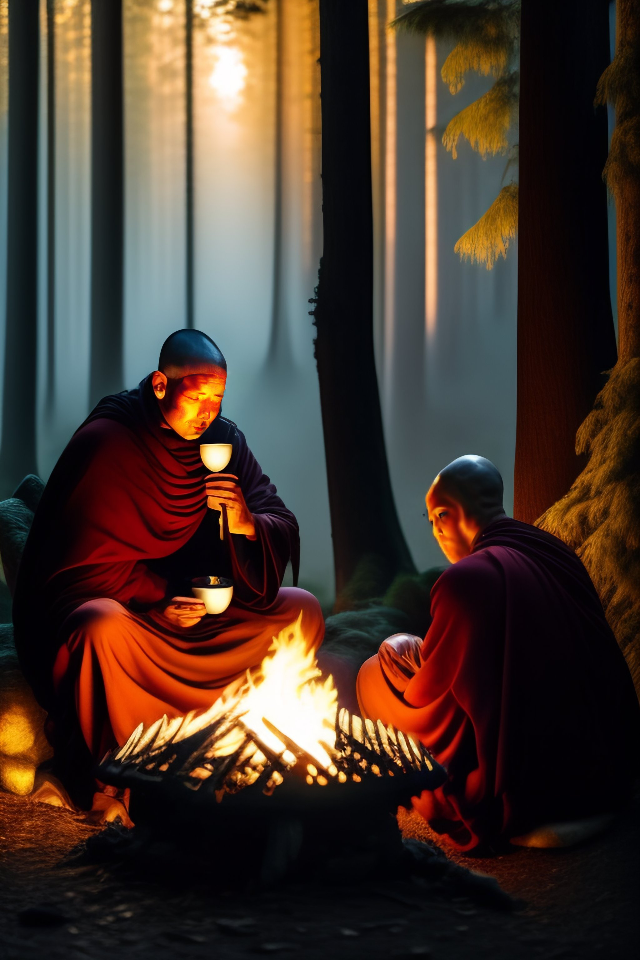 Lexica - Three monks in a dark forest sit around a fire and drink tea