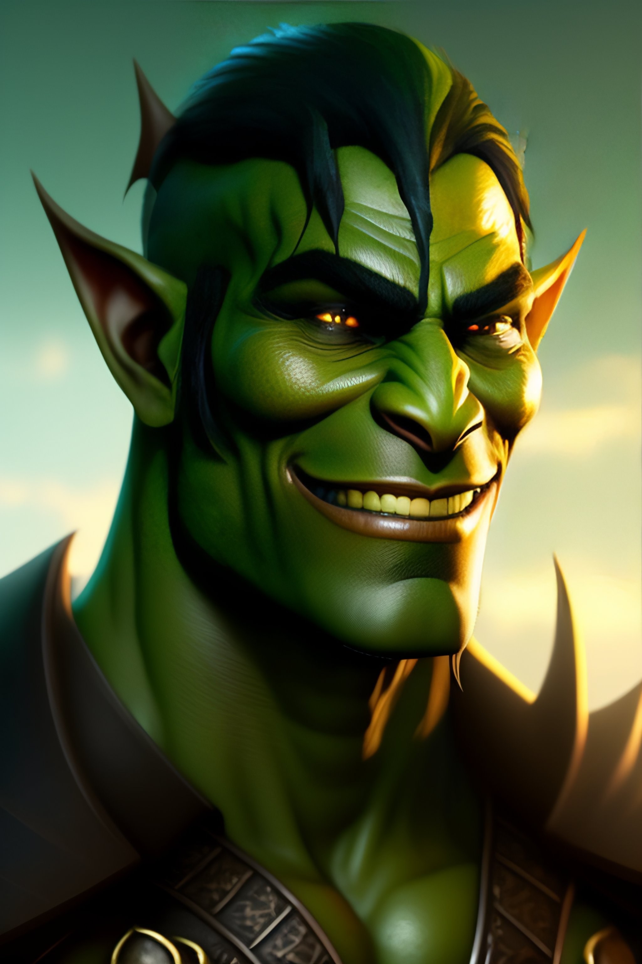 Lexica - Dark-green skinned friendly kind handsome orc, smiling, shy ...