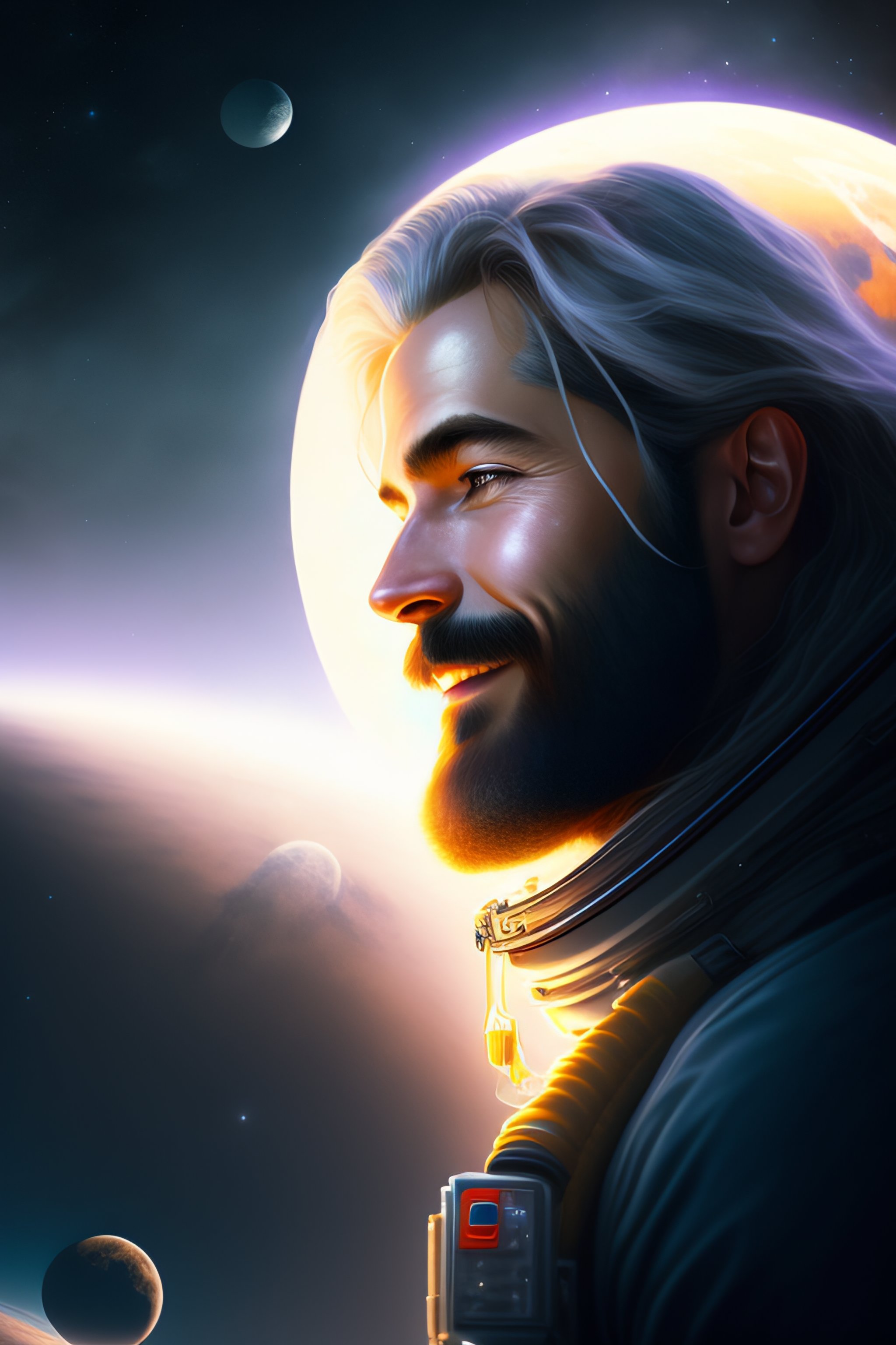 Lexica - Portrait of a smiling male gray long hair and beard astronaut ...