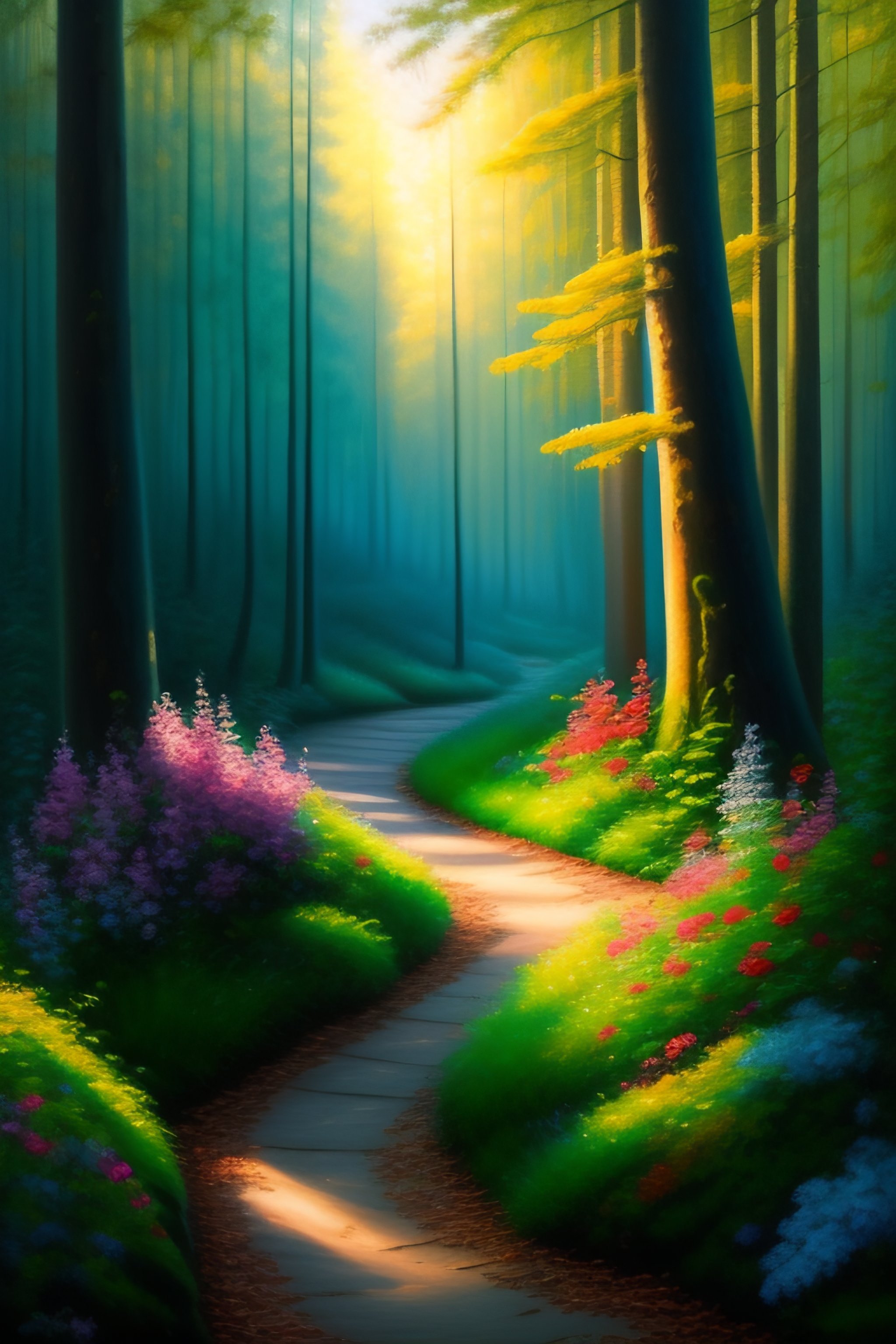 Lexica - Forest garden, chessboard path, oil painting