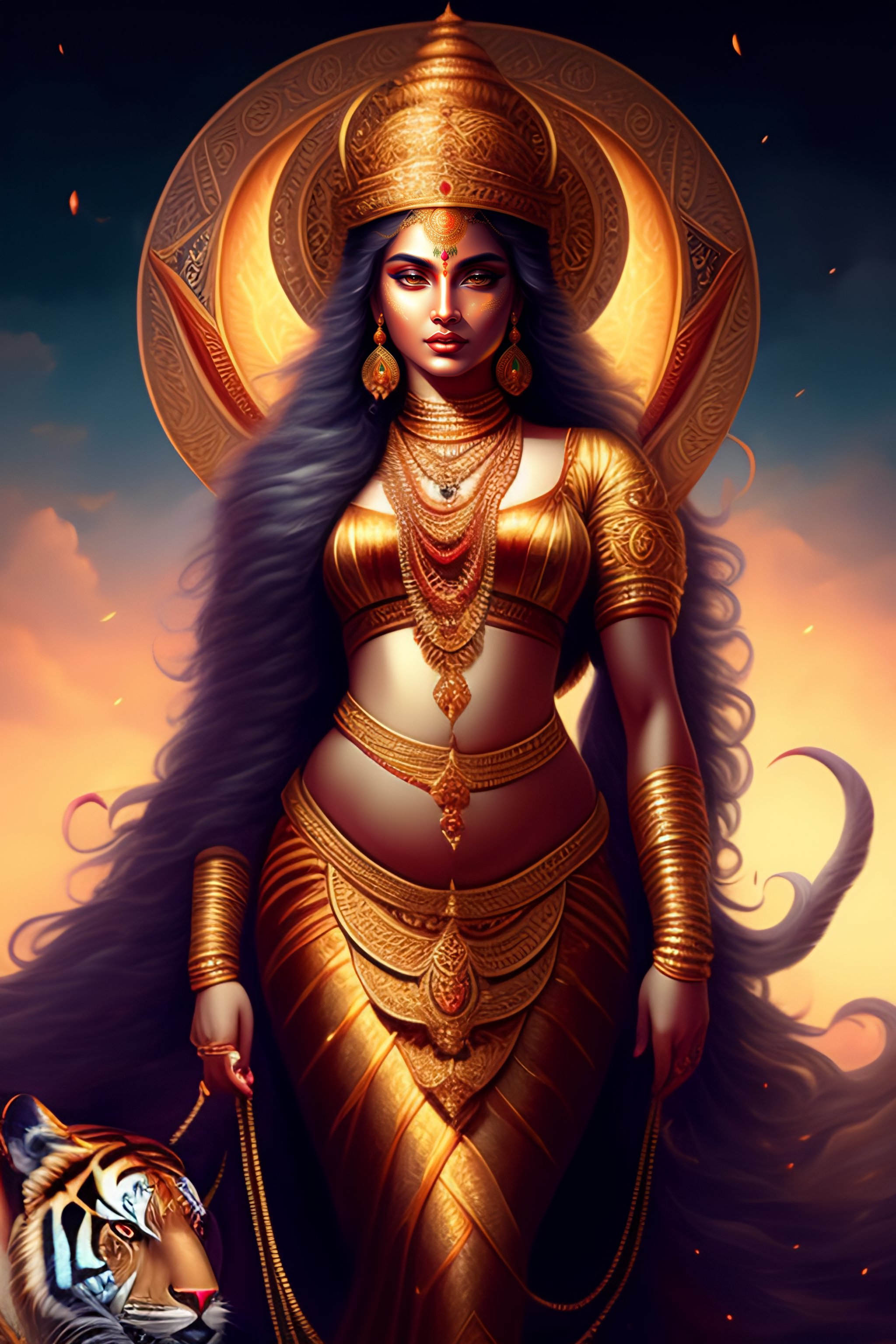 Lexica - Image of goddess durga eight hands riding tiger, d & d, beautiful, renaissance, fantasy ...