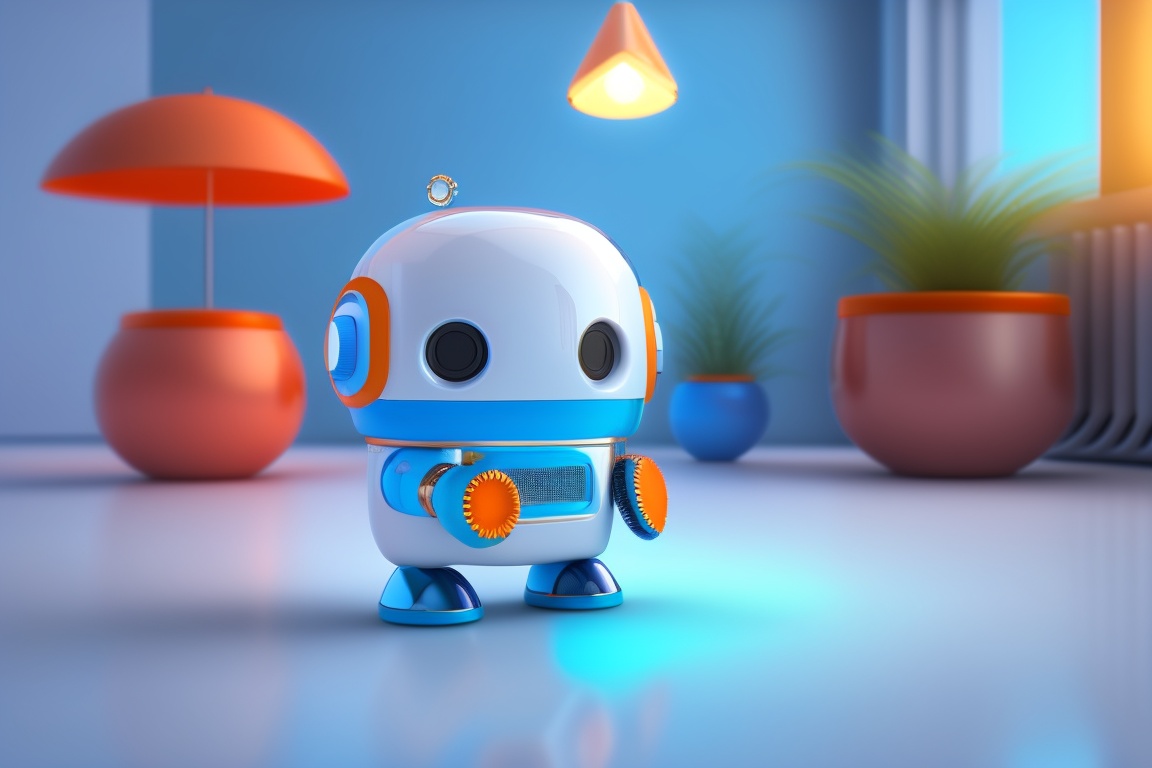 Lexica - Cute baby robot in a bright blue room, high details, 3d render,