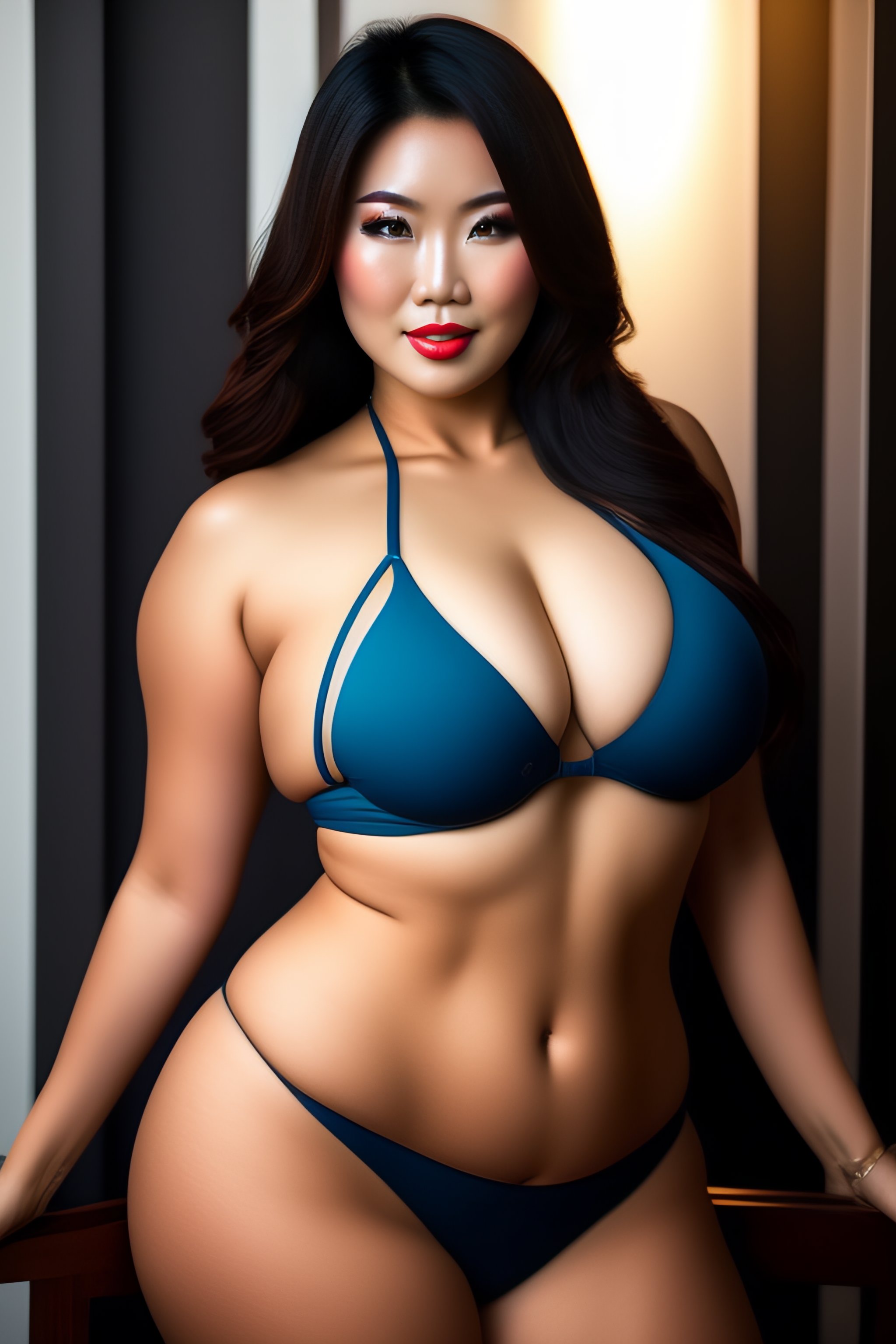 Lexica - Thick Beautiful asian Woman wearing Slingshot-bikini, Wide hips, mommy