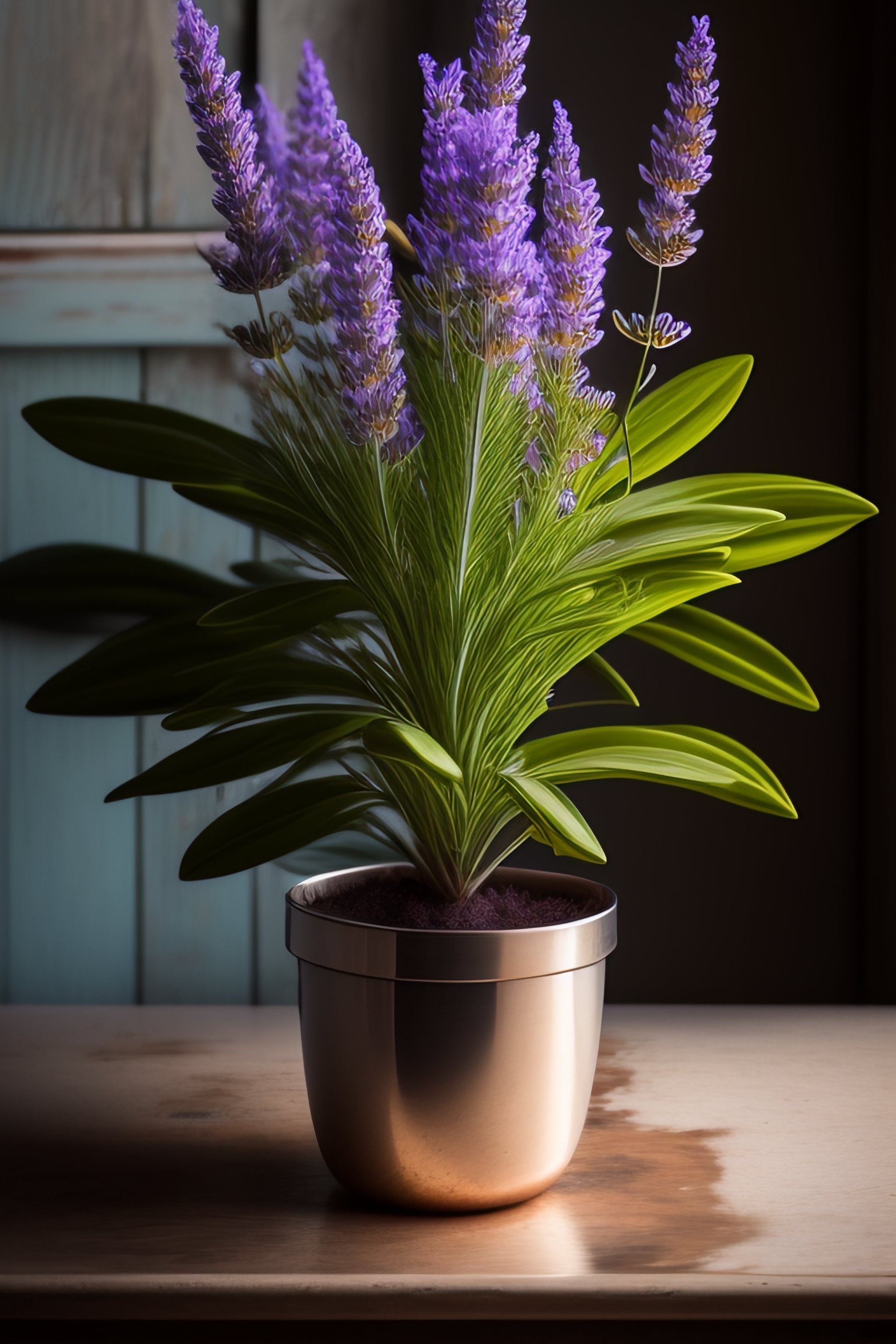 Lexica - Potted lavender plant on a small table