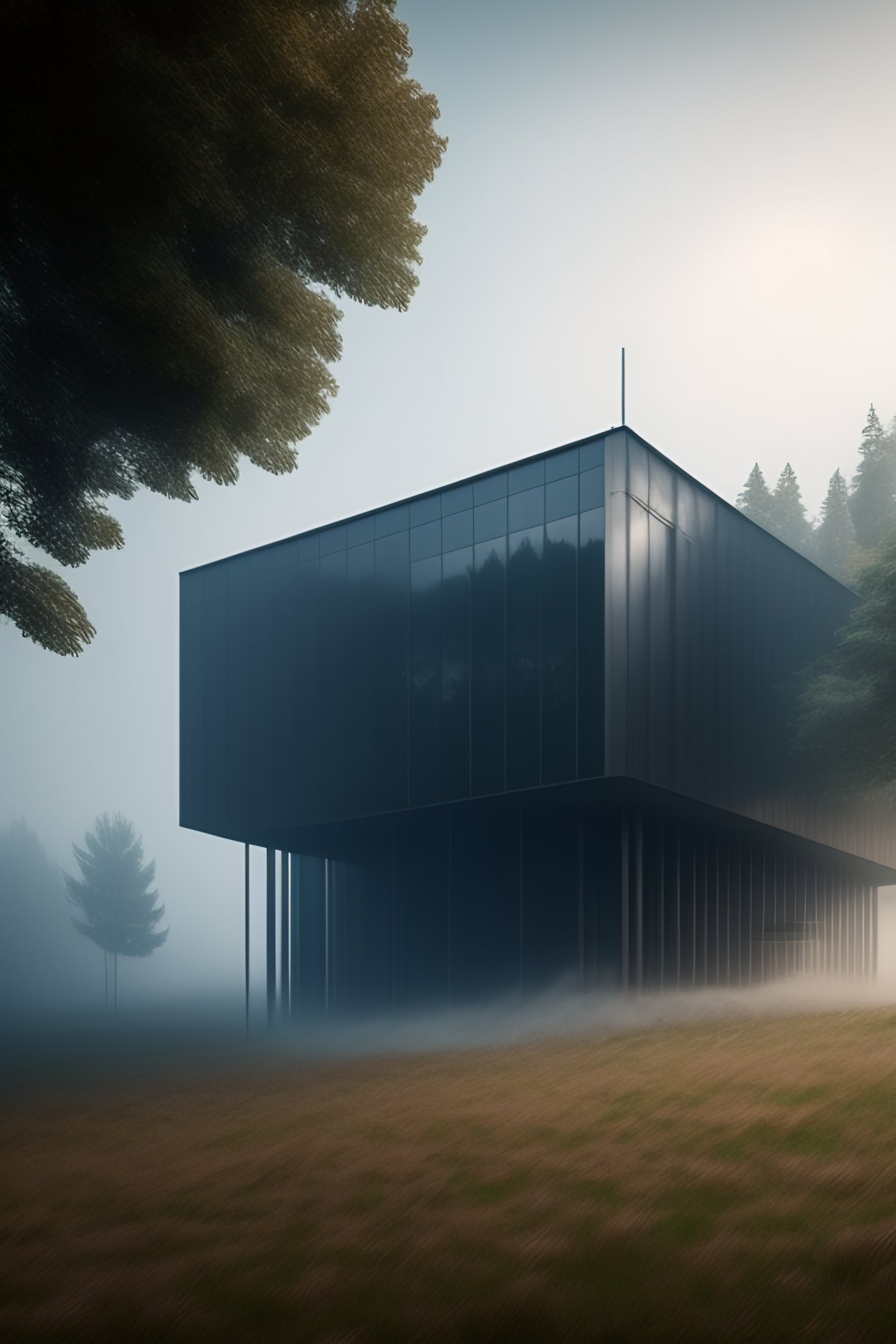 Lexica - Realistic photo of an 2-story building semi-covered by forest ...
