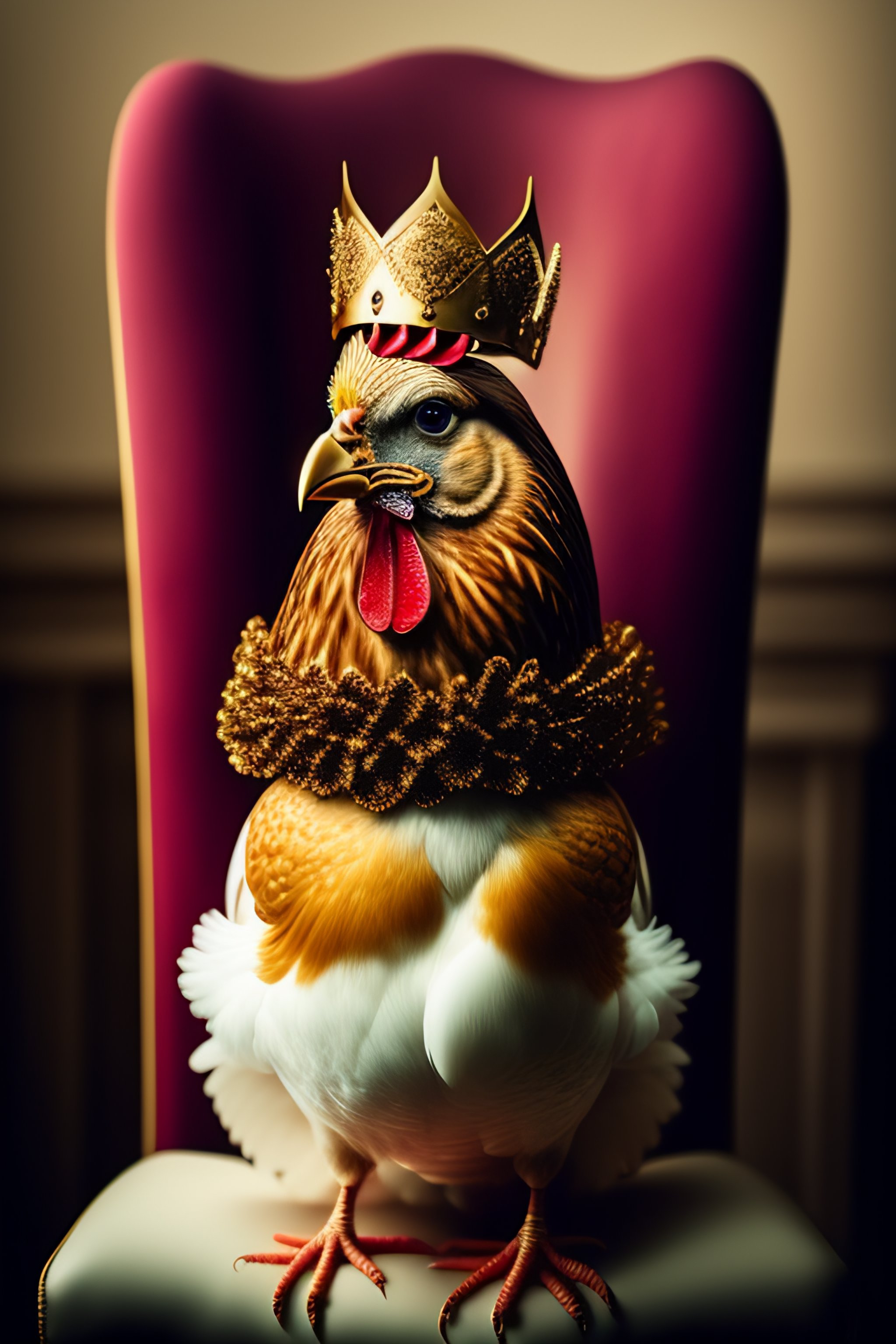 Lexica - Chicken sitting in a fancy chair with a crown on its head like ...