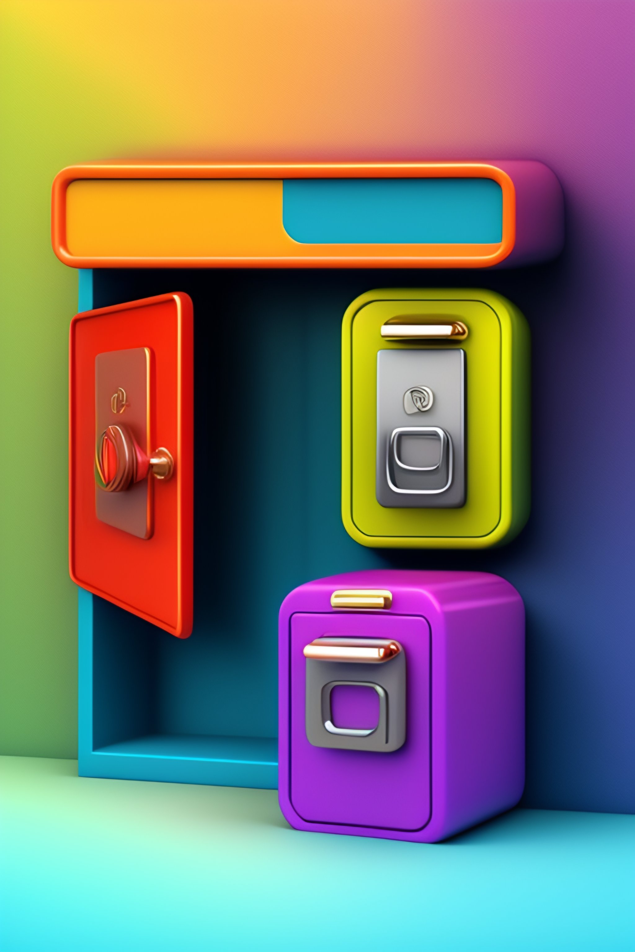 Lexica - 3 colourful anthropomorphic bank boxes, a key hovering in ...