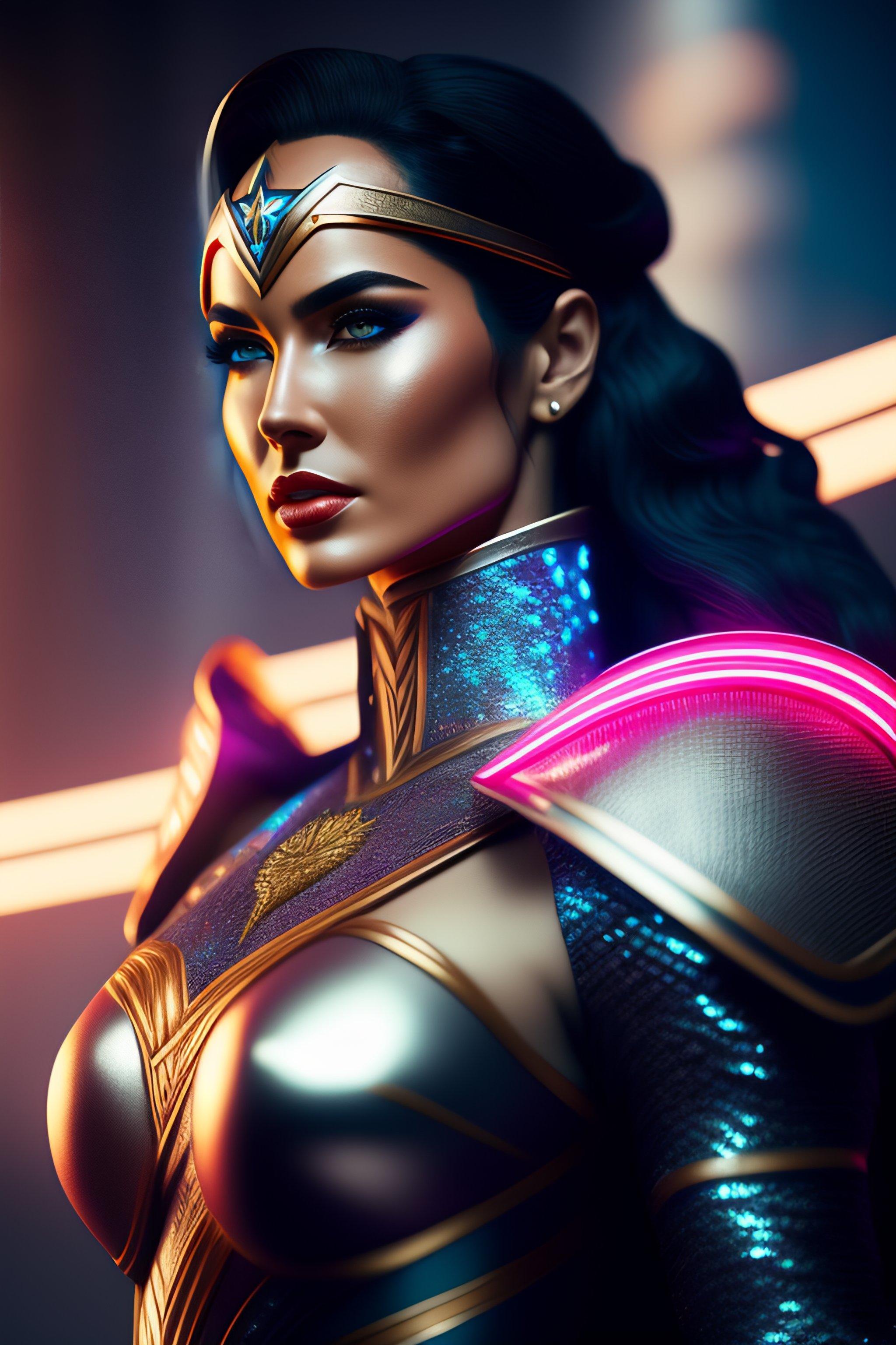 Lexica - Wonder woman, full body illustration, cyberpunk, silver, white ...