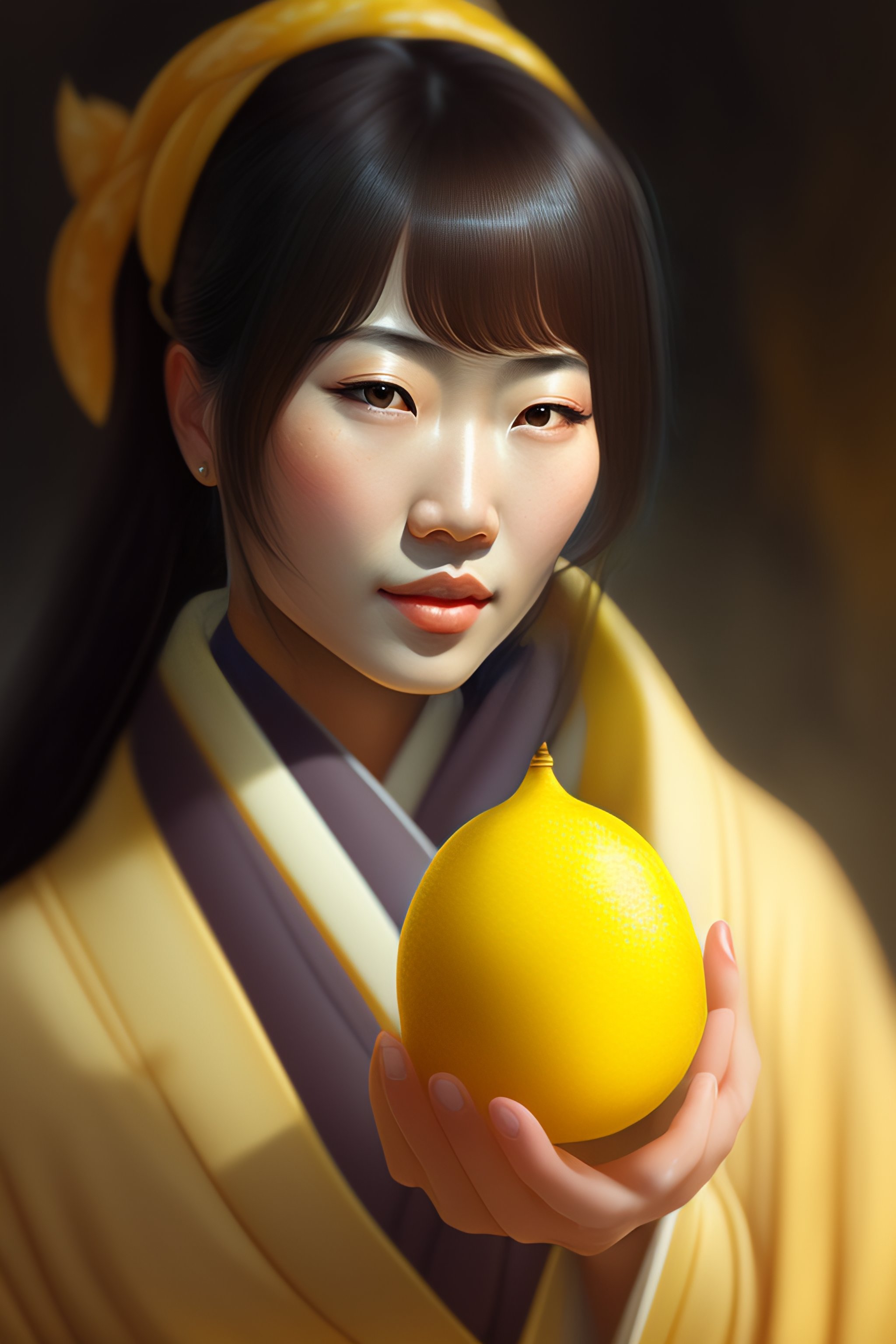 Lexica - Japanese woman holding a small lemon, lemons everywhere, highly detailed, digital ...