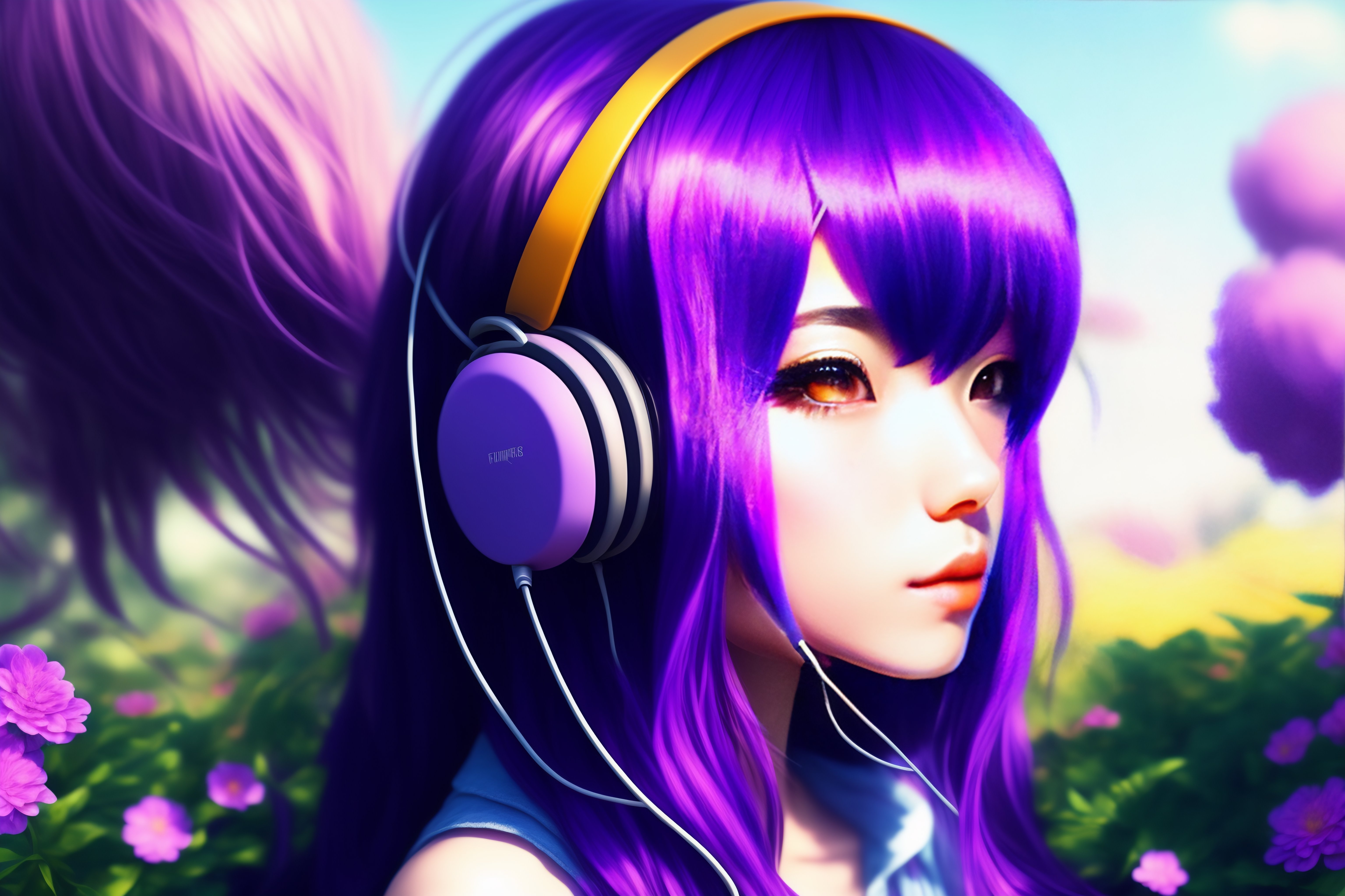 Lexica - Anime girl purple hair listen music in a garden lofi music