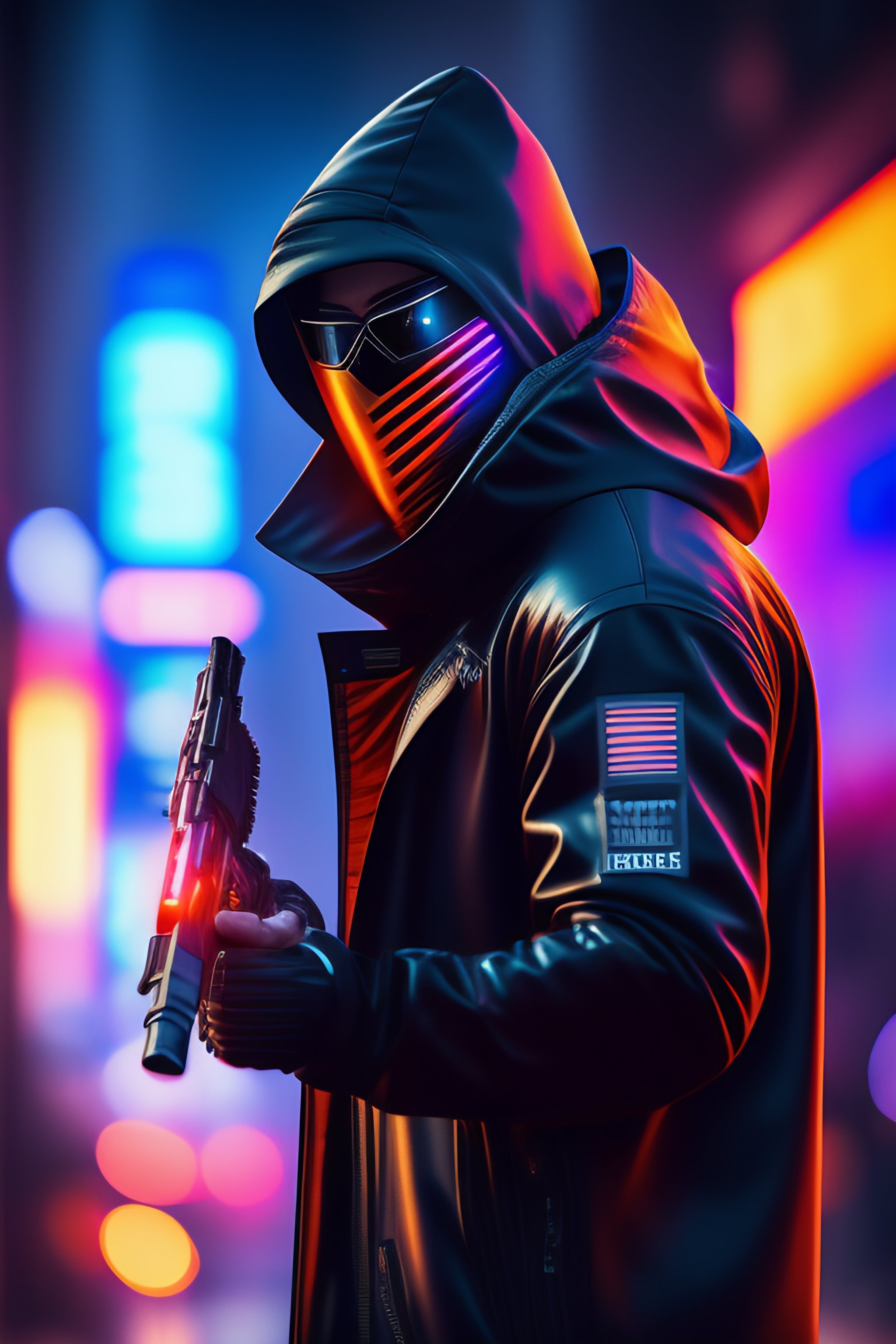 Lexica - Futeristic cyberpunk masked assassin, shooting gun, heavy rain ...