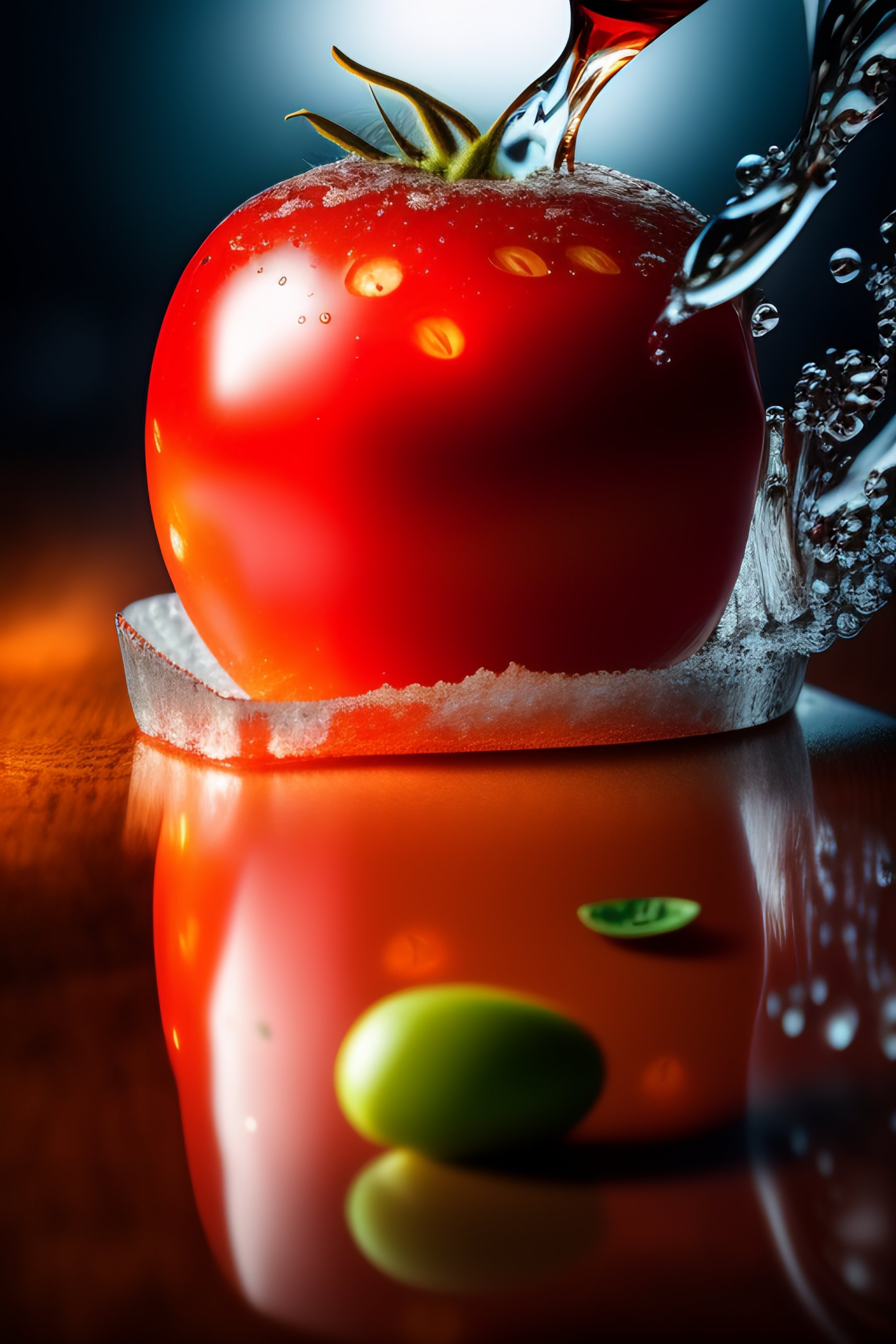 Lexica - Cinematic photograph of a tomato in center, ice cubes, dill ...