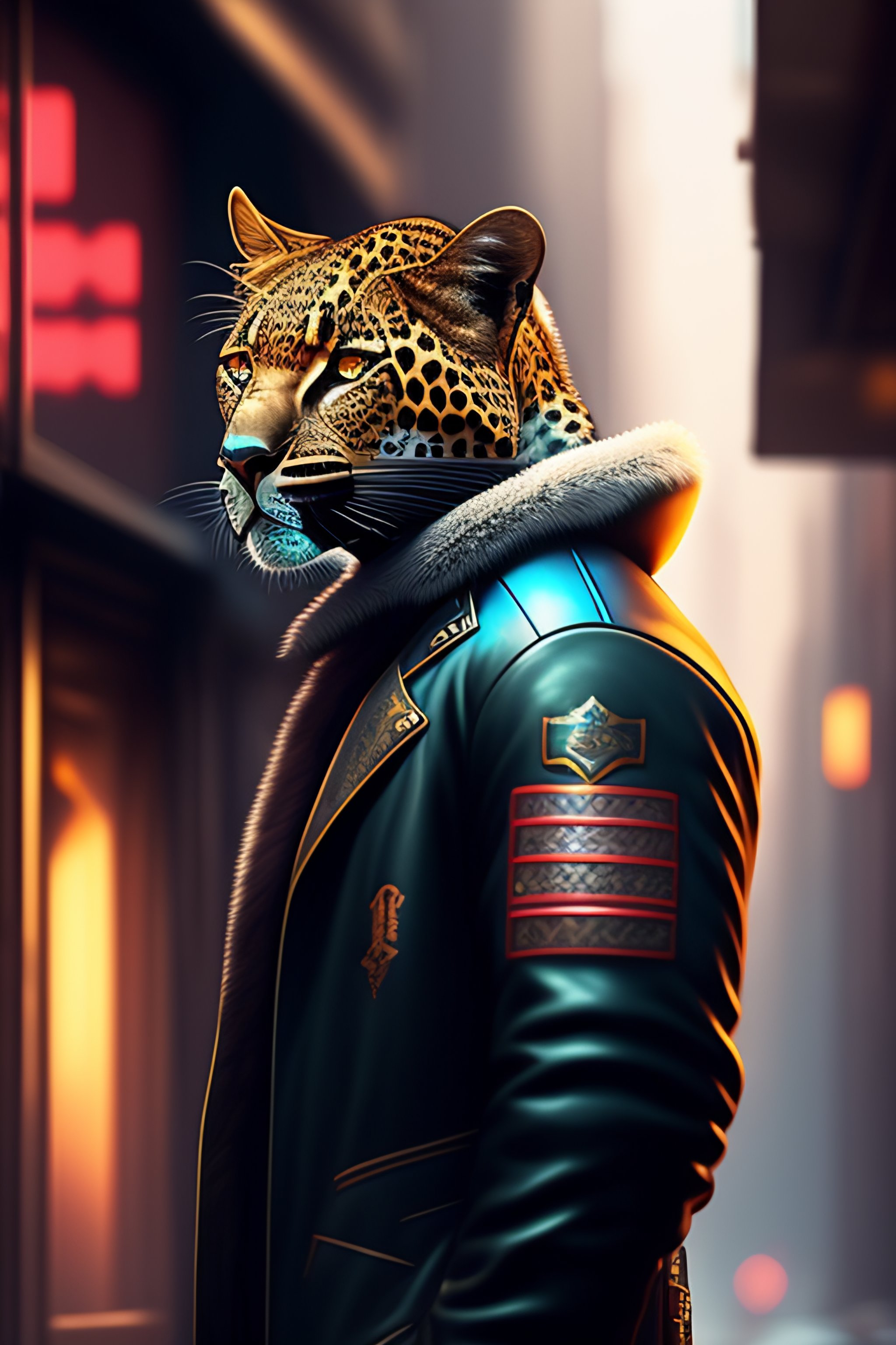 Lexica - Mercenary leopard smoking in a cyberpunk alley
