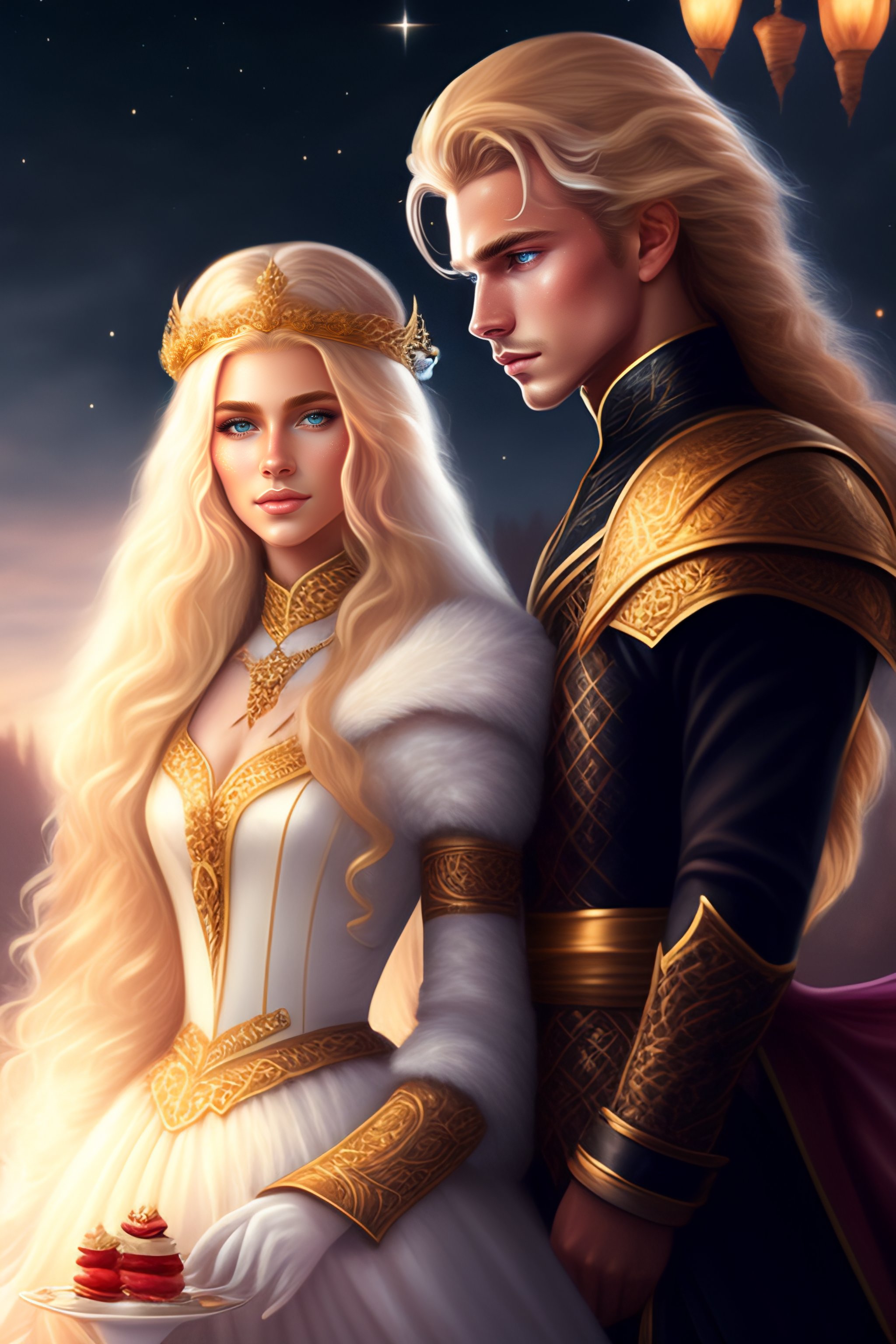 Lexica - Young prince, long blonde hair, royal, black outfit, night sky ...