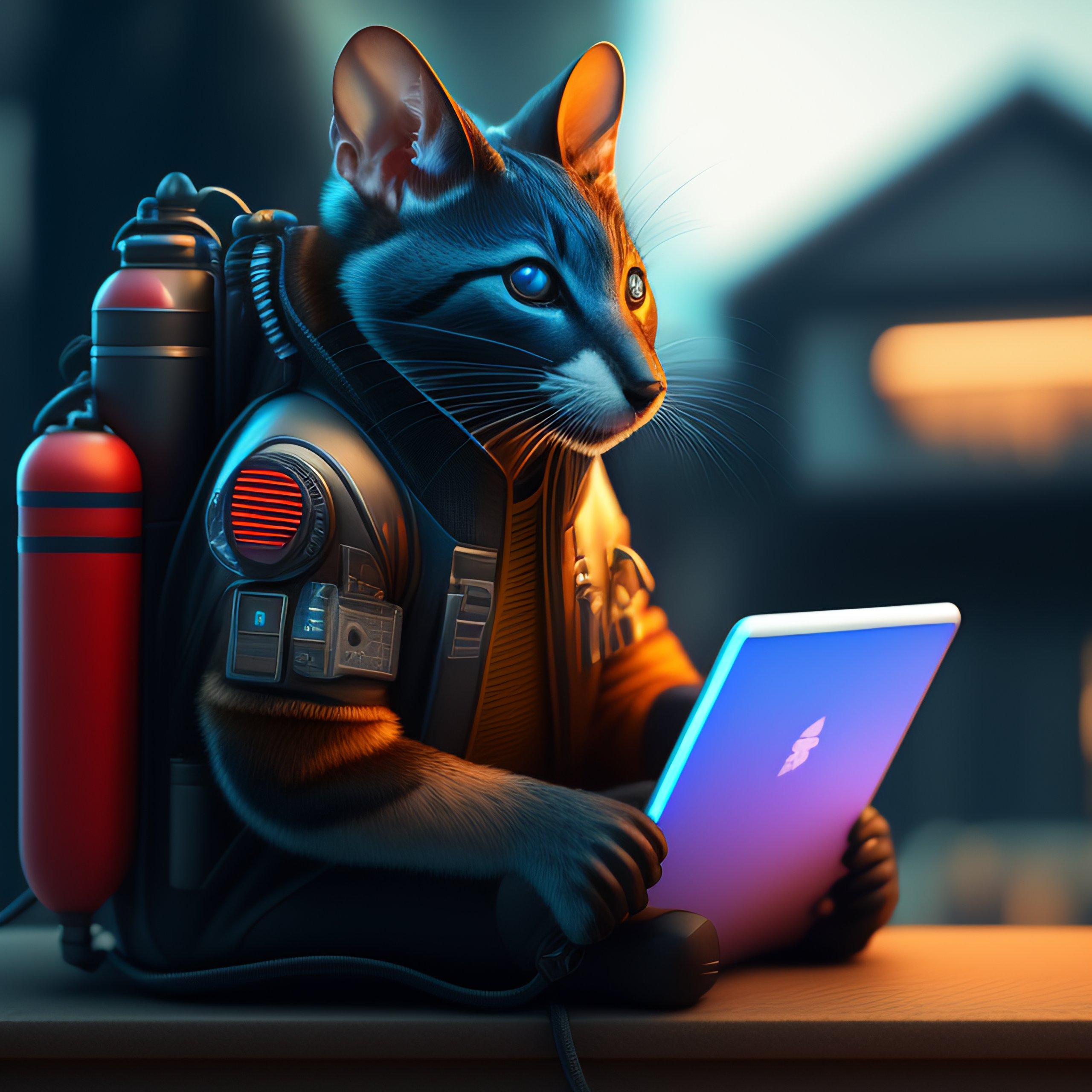 Lexica - 3d rendered jetpack cyberpunk hacker rat working on a tablet ...
