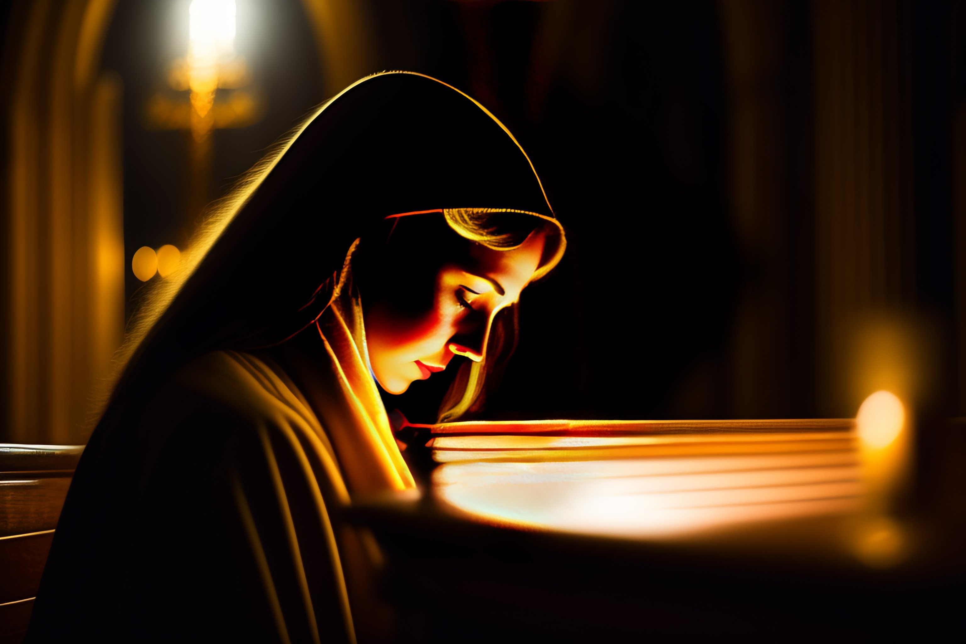 Lexica - Photo of a woman praying in a church in the dark, sharp focus ...