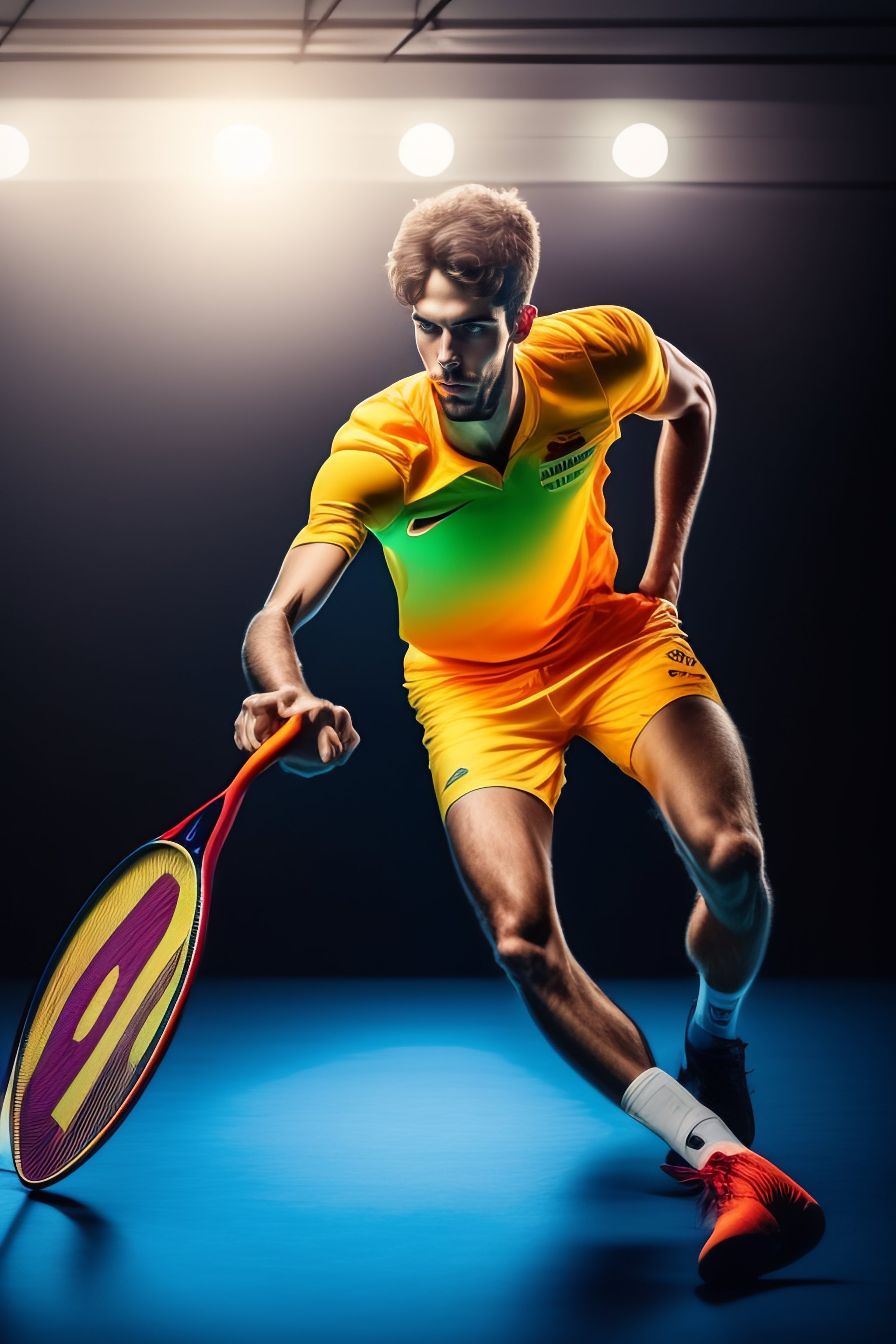 Lexica - Lanky squash player hitting the winning shot with racquet in hand