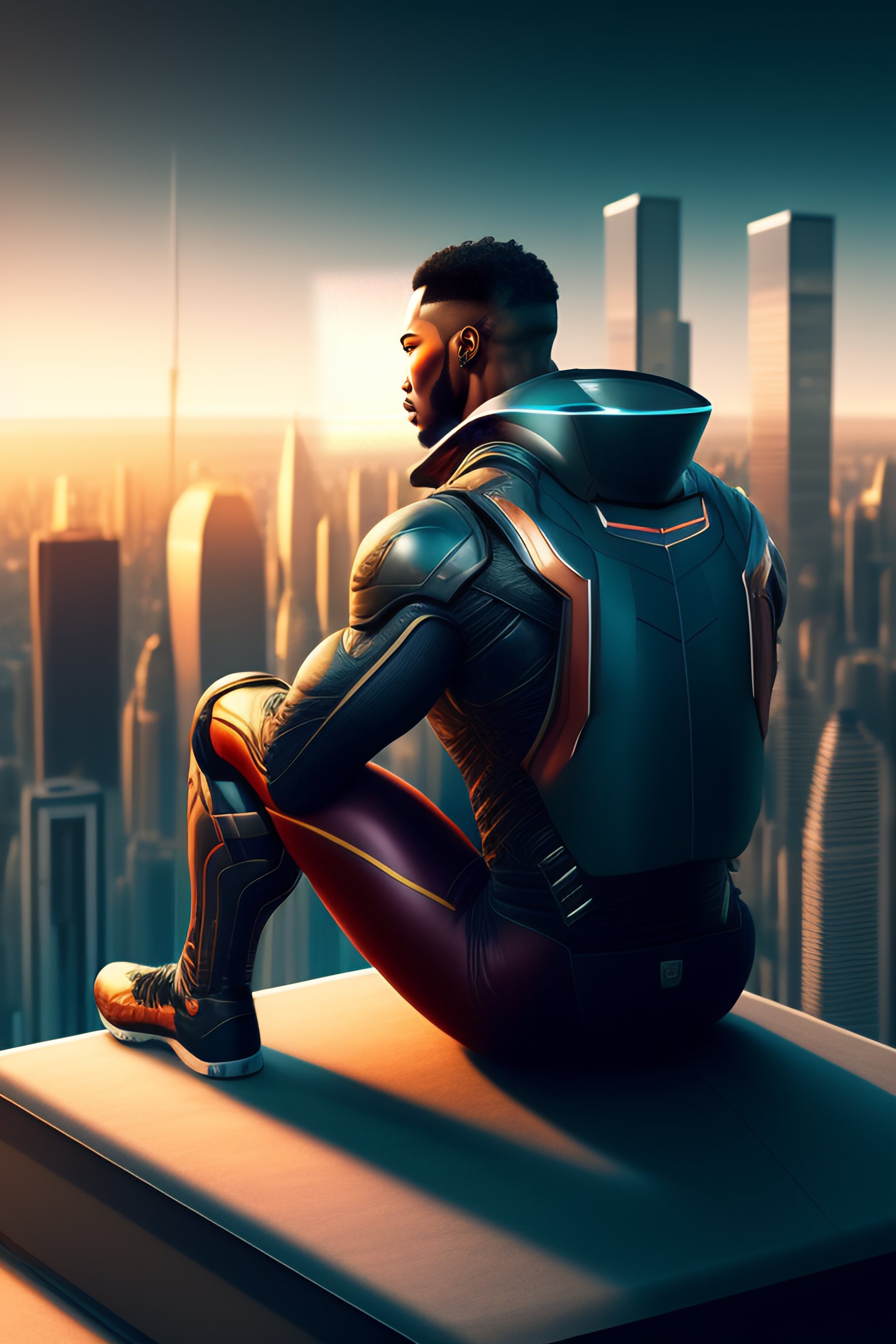 Lexica - Cyborg sitting on a roof looking down at a city below ...