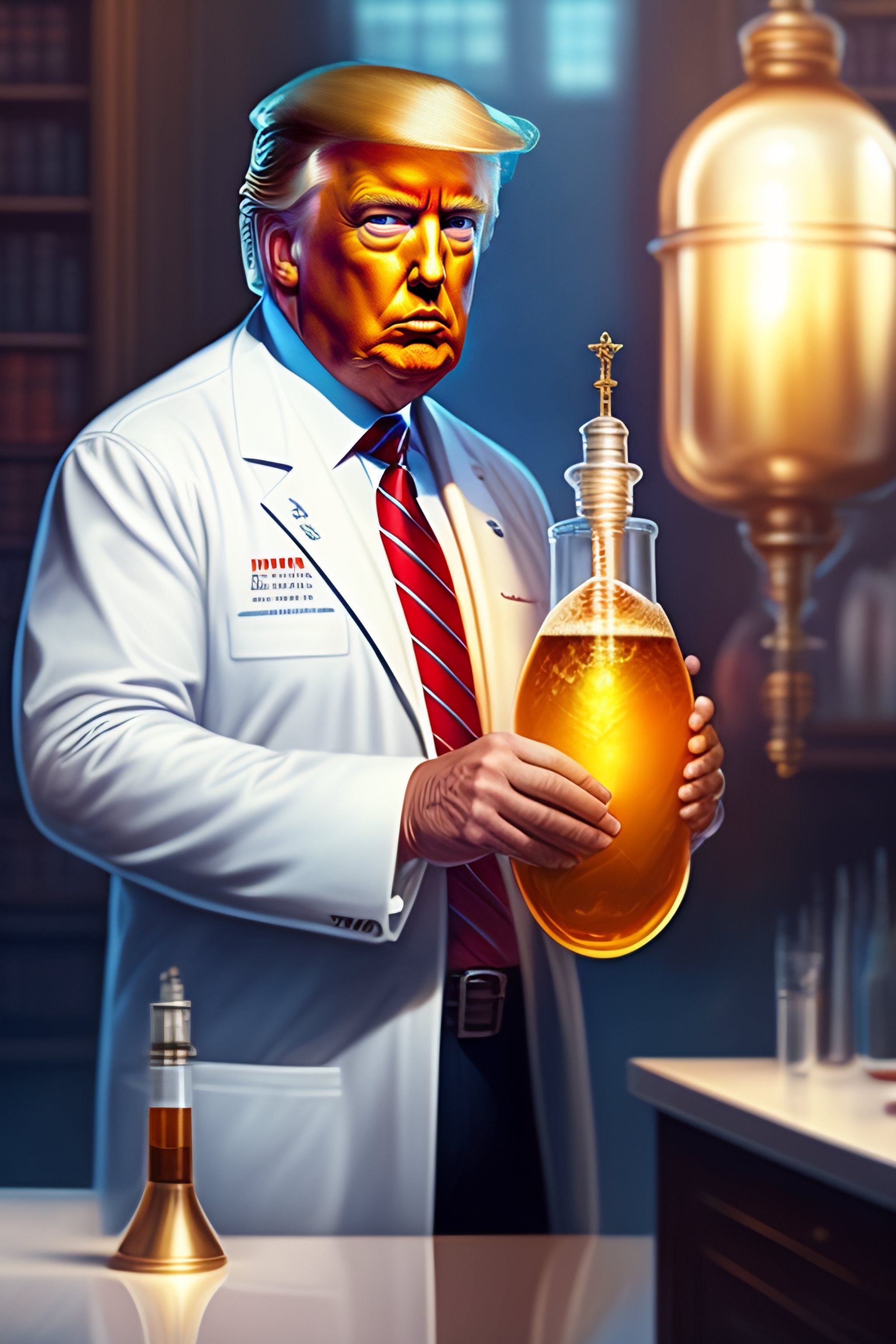 Lexica - Donald Trump holds a ehrlenmeyer flask at eye level, wearing a ...