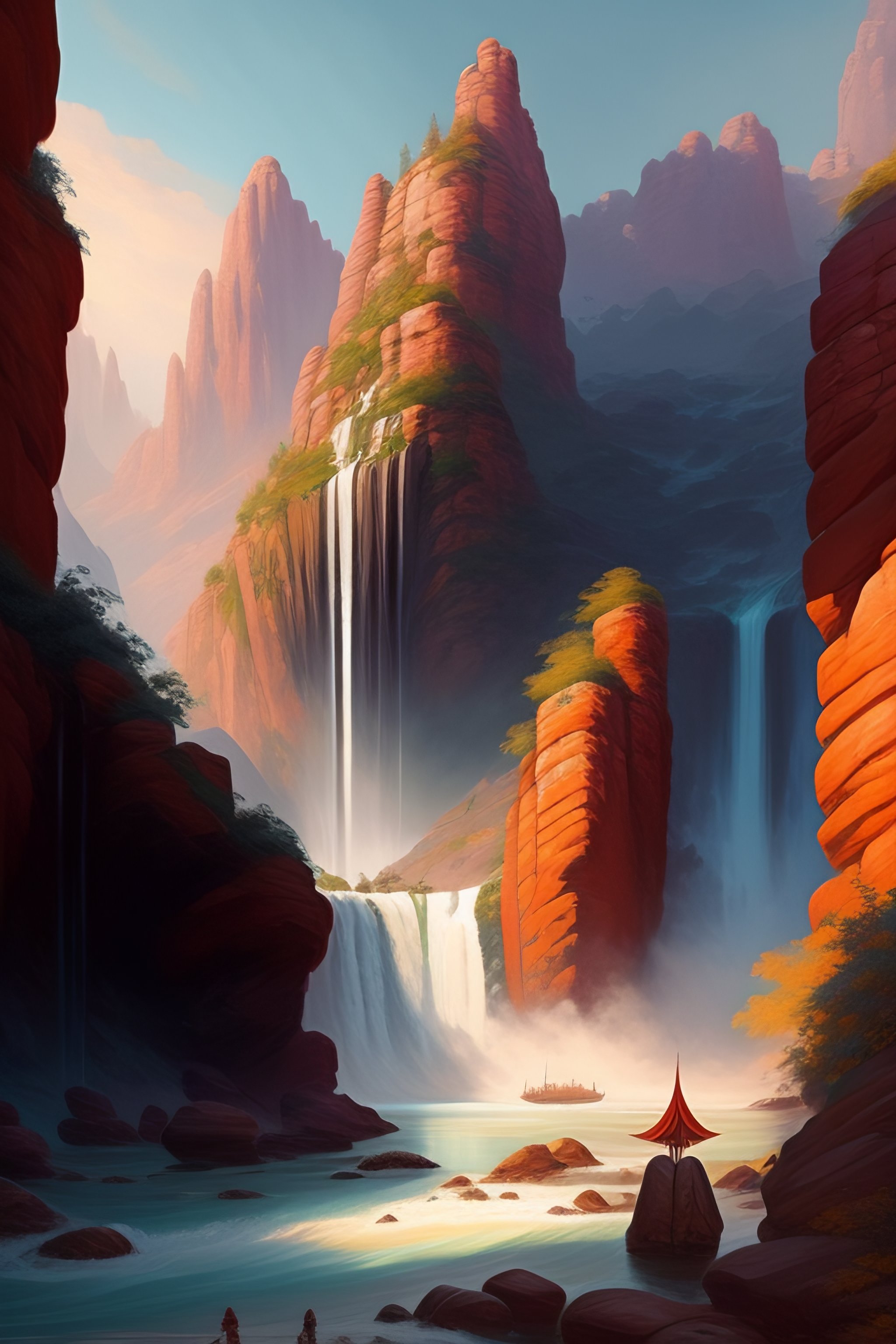 Lexica - Tribal village in red rock in front of a waterfall, medieval ...